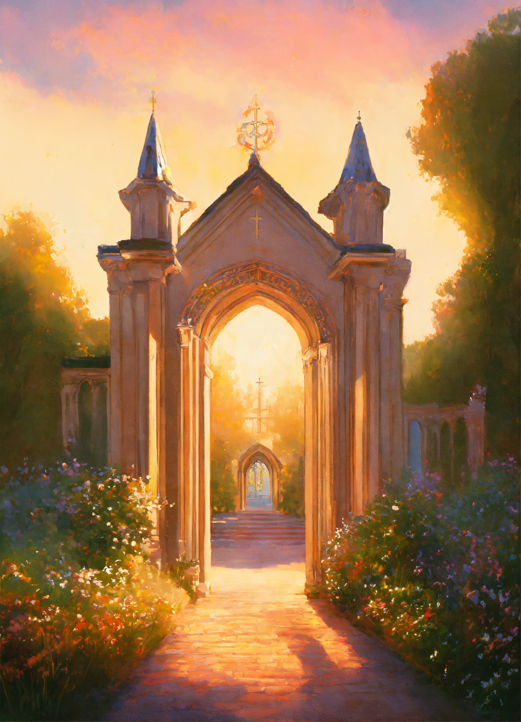 Lexica - Illustration, cathedral, shining, sunny, nature, gate