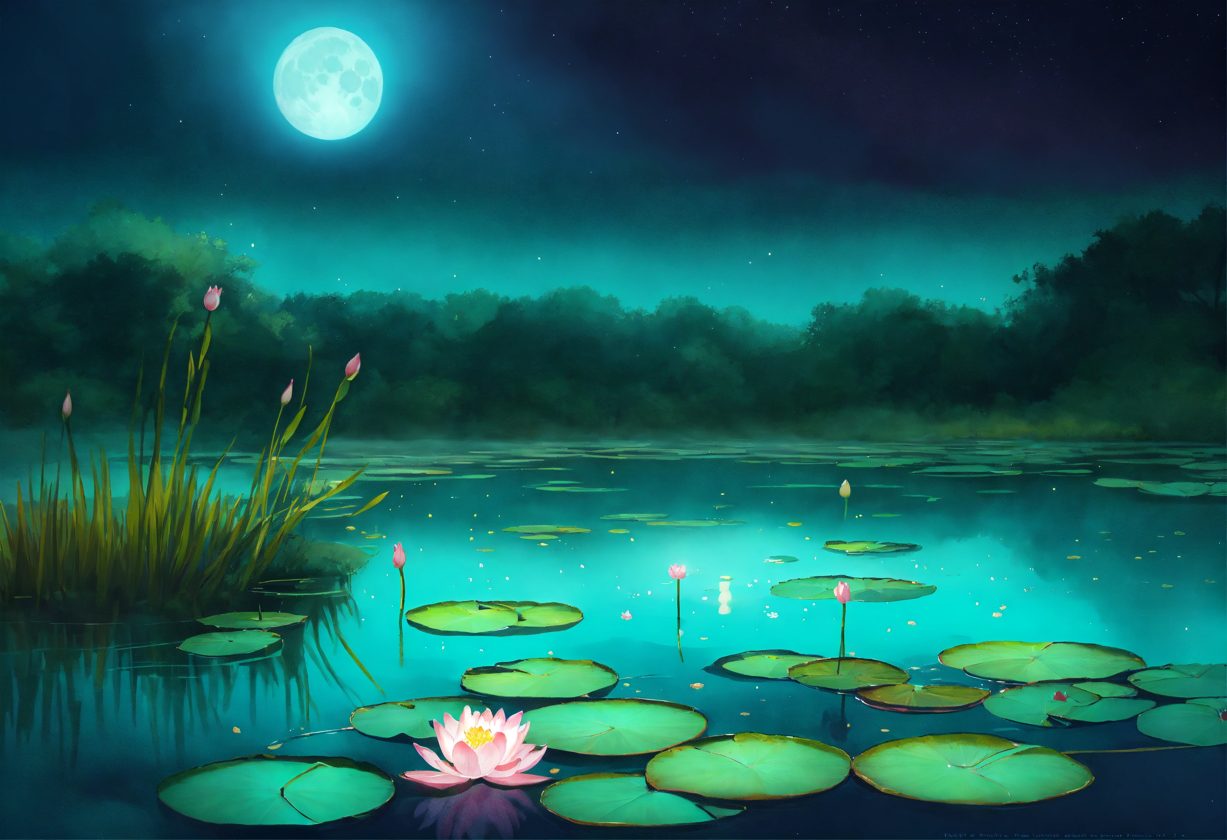 Lexica - Digital painting of a serene, moonlit pond where a single ...