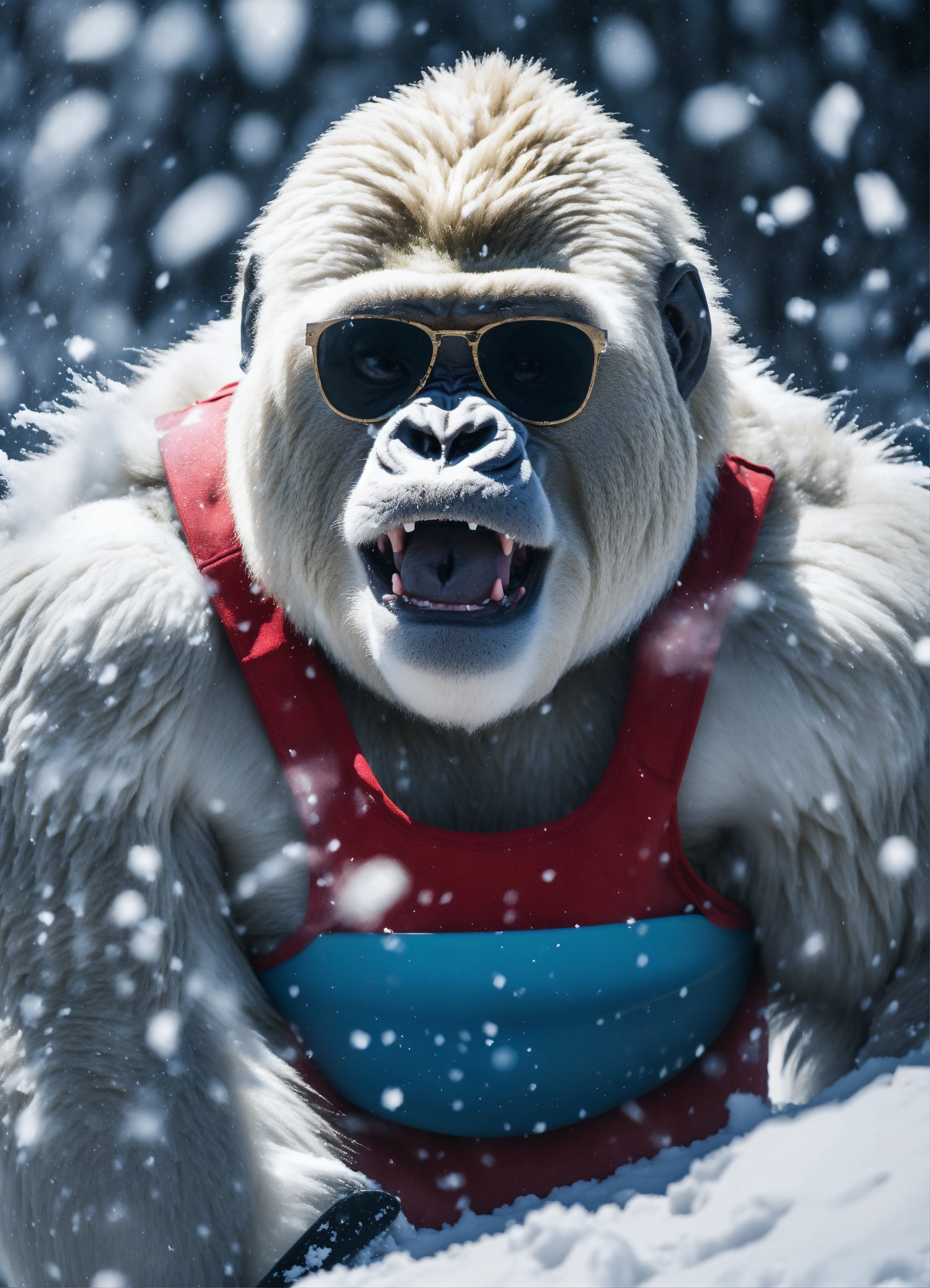 Lexica - A large muscular white gorilla dressed as a rapper surfing in ...