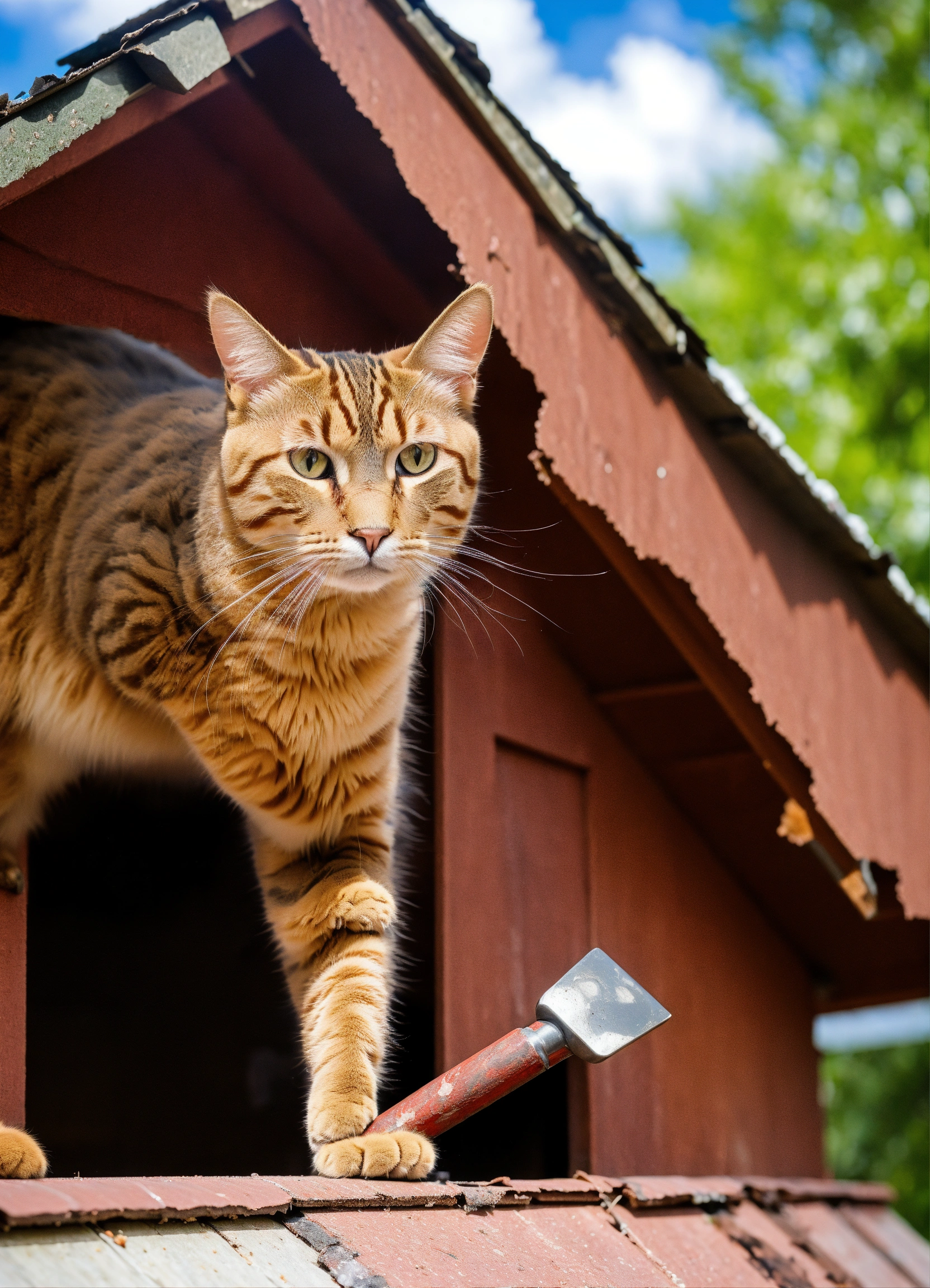Lexica - Cat with a hammer repairs the roof of a house
