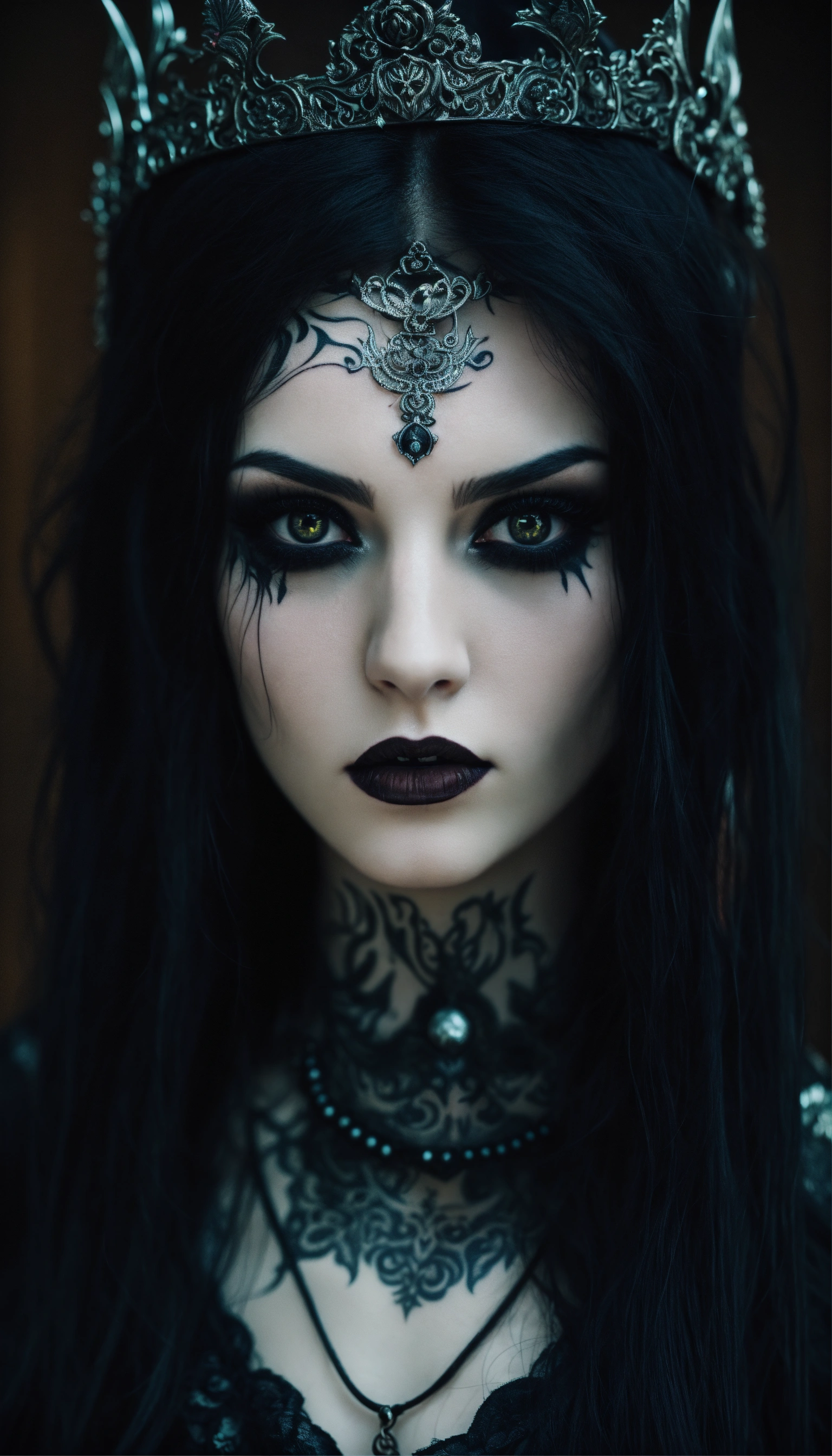 Lexica - A scary girl, close up face, pale skin, long crazy black hair ...