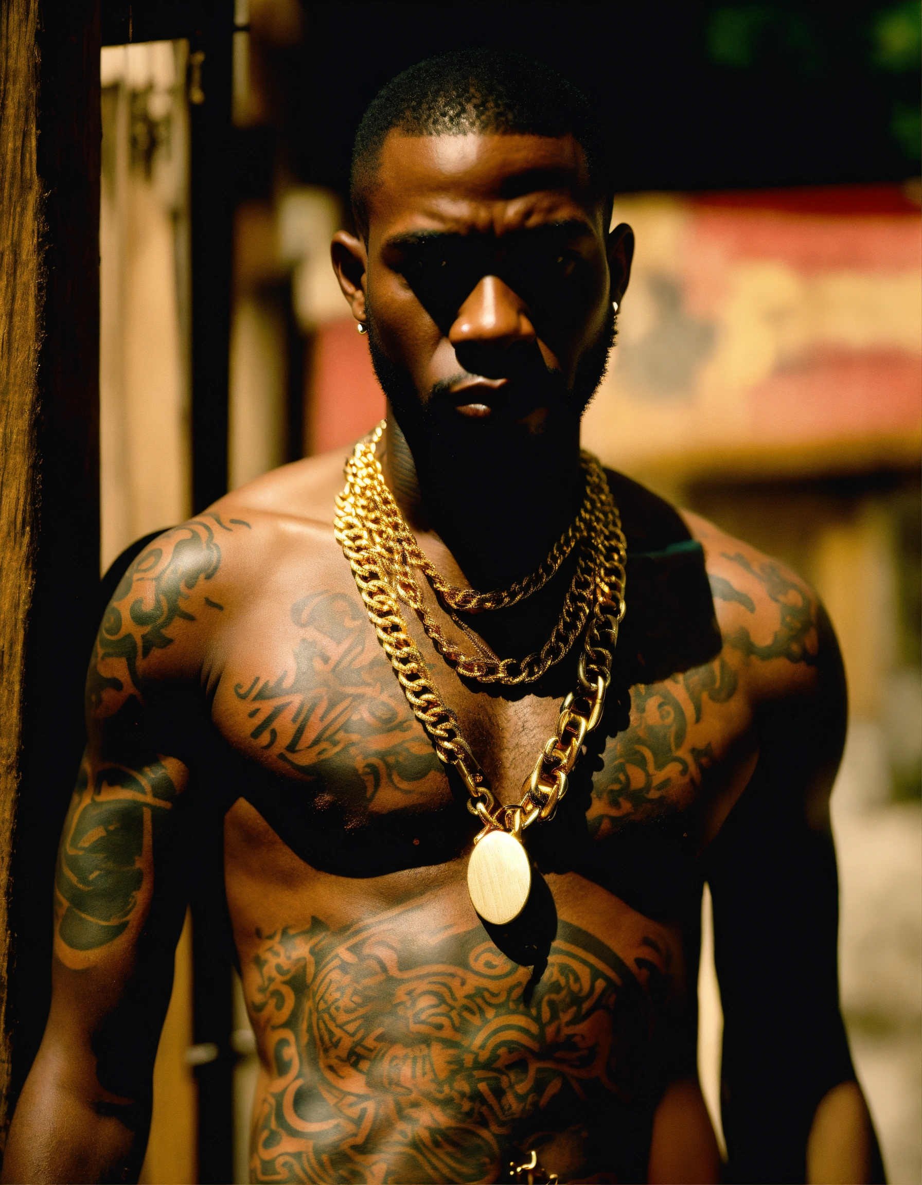 Lexica - A shirtless African-American gang member covered in tattoos ...