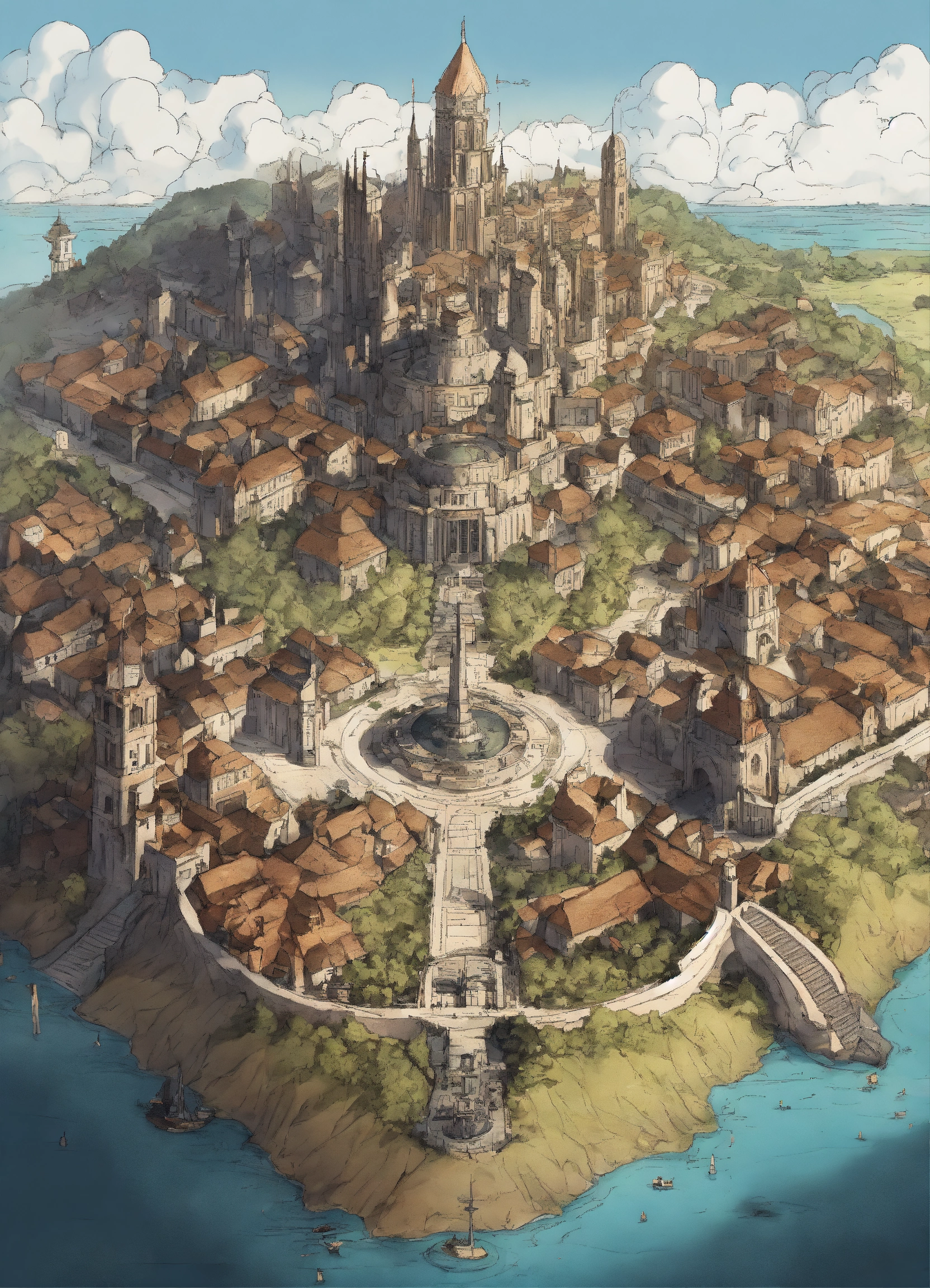 Lexica - Inked map of a massive fantasy city with a plaza in the center. 8k