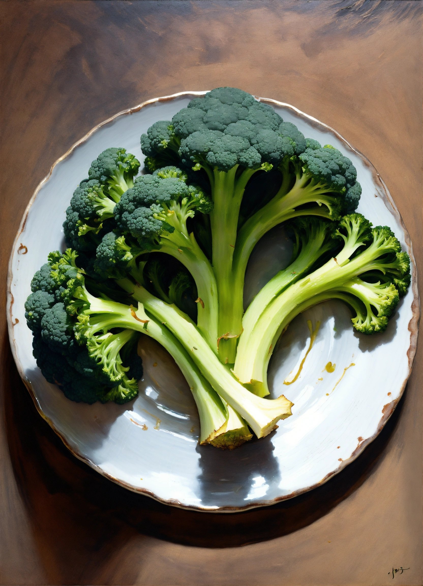 Lexica - Still life oil painting of broccoli on a plate, top down view ...