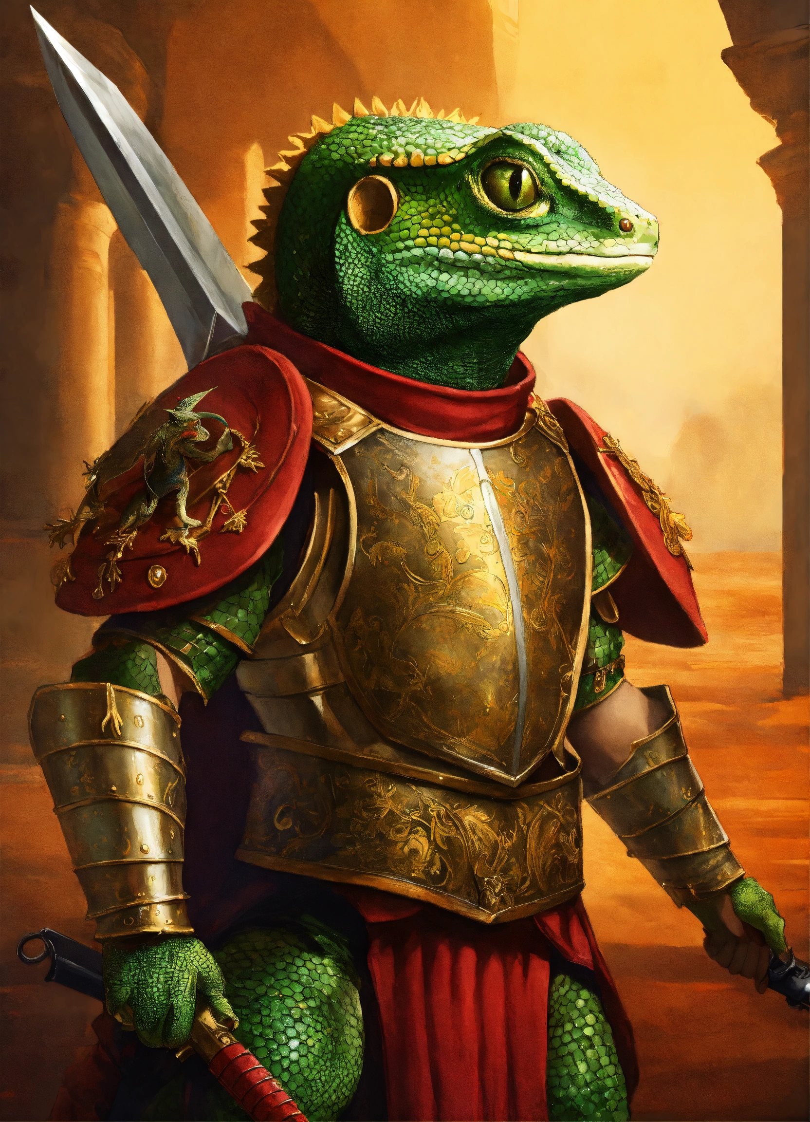 Lexica - Gecko wearing roman armor and weaponry