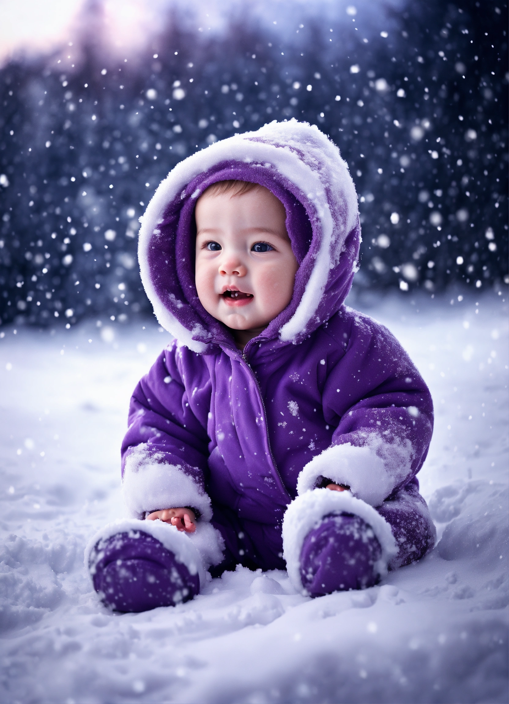 Lexica - A very cute snow baby in a purple snow suit playing in the ...