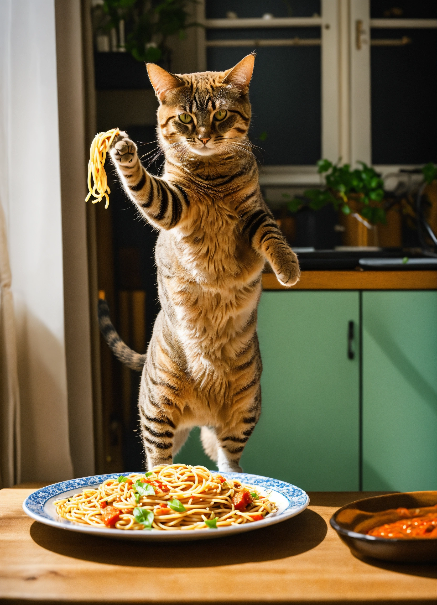 Lexica - A cat standing on 2 legs like a human, eating spaghetti
