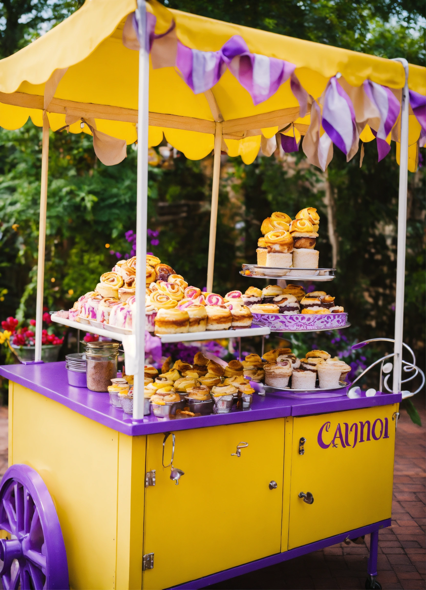 Lexica - Eye catching yellow and purple cinnamon roll cart with photo ...