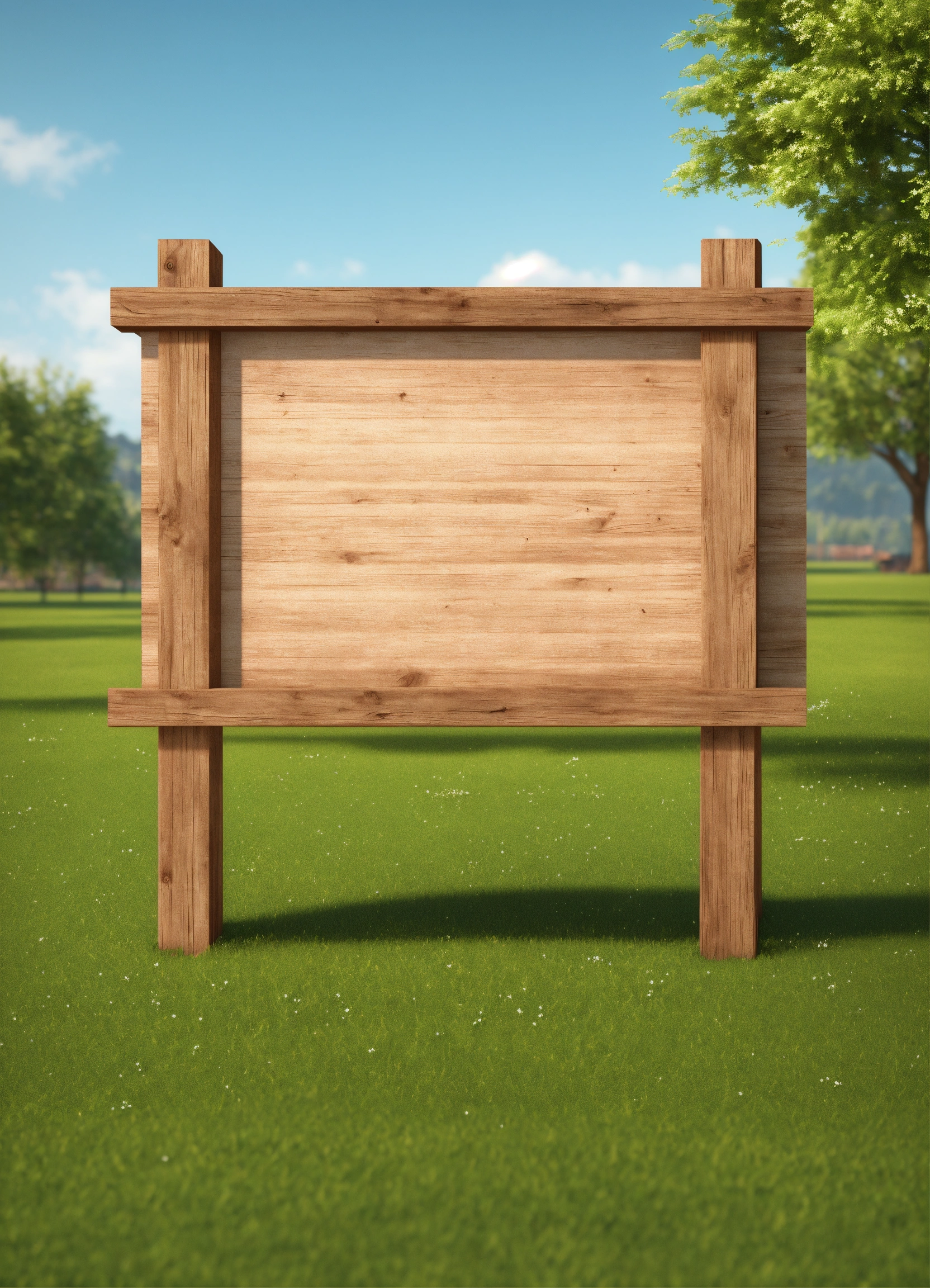 Lexica - A large, blank wooden sign stands on the grass. Realistic 3D style