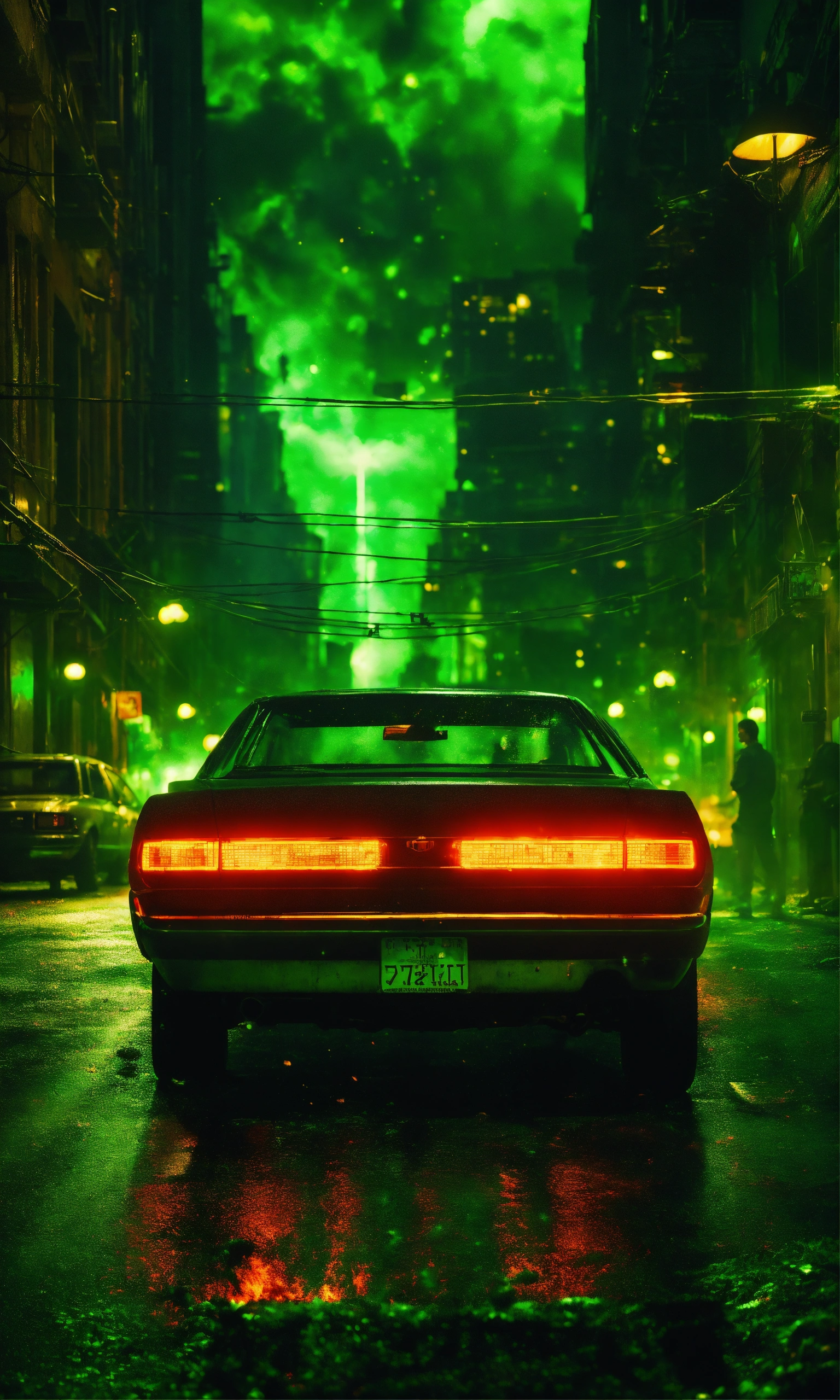 Lexica - Night street, photo realistic, matrix ambience, big explosion ...