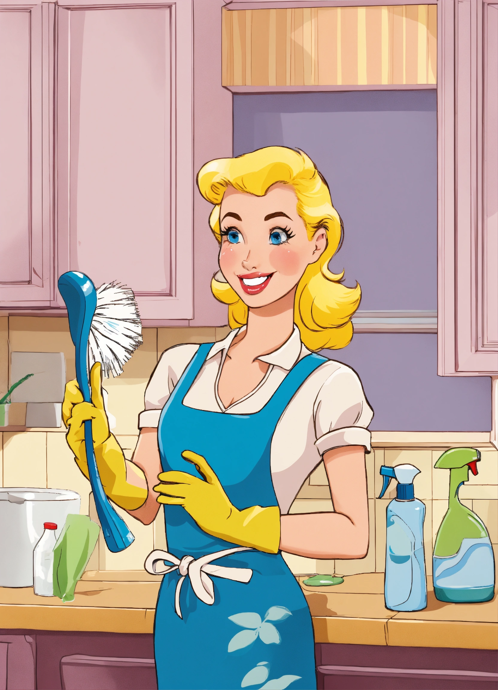 Lexica - Cartoon lady cleaning, dusting, blonde, winking