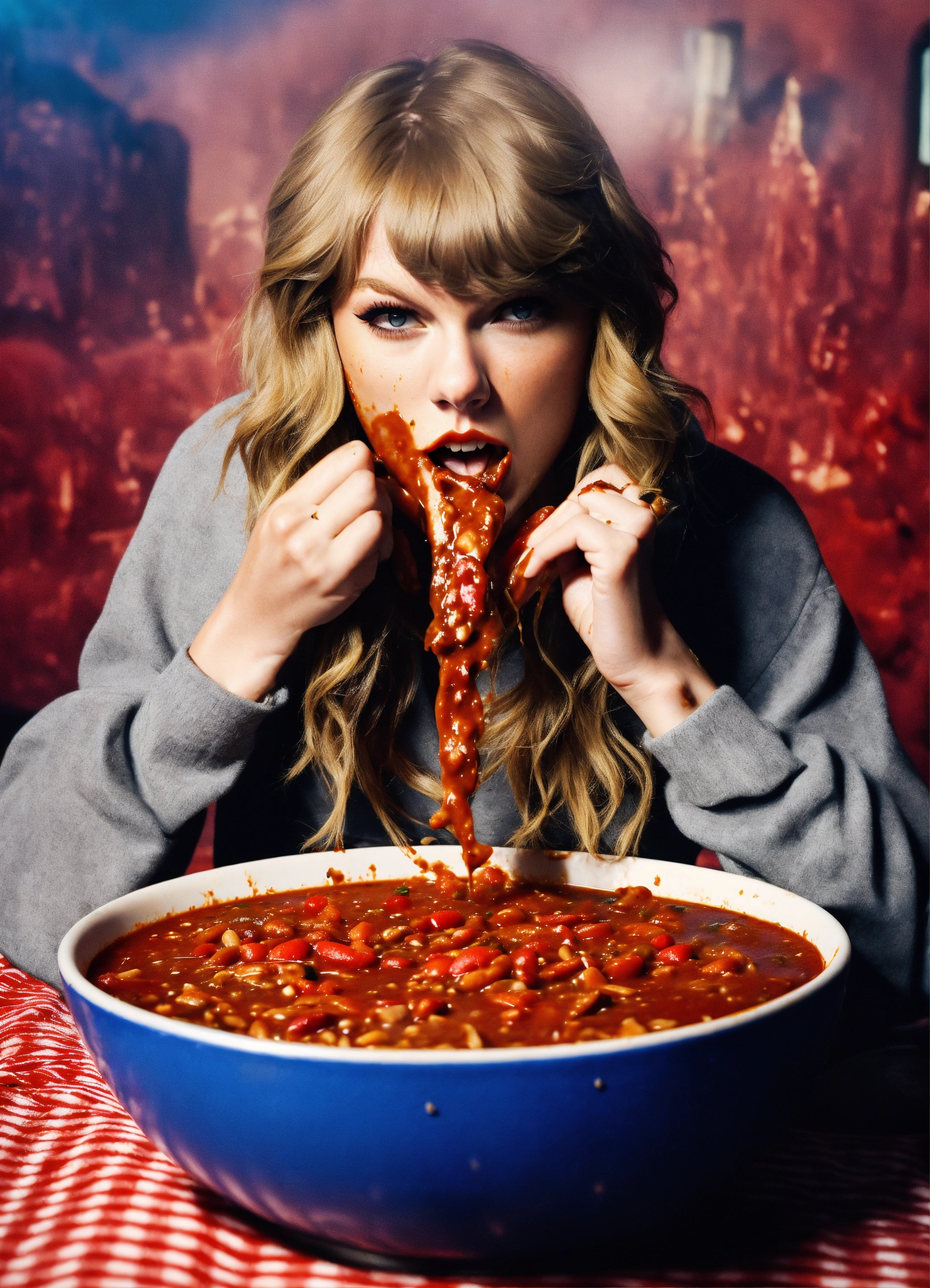 Lexica - Photo realistic shot of taylor swift eating a large bowl of ...