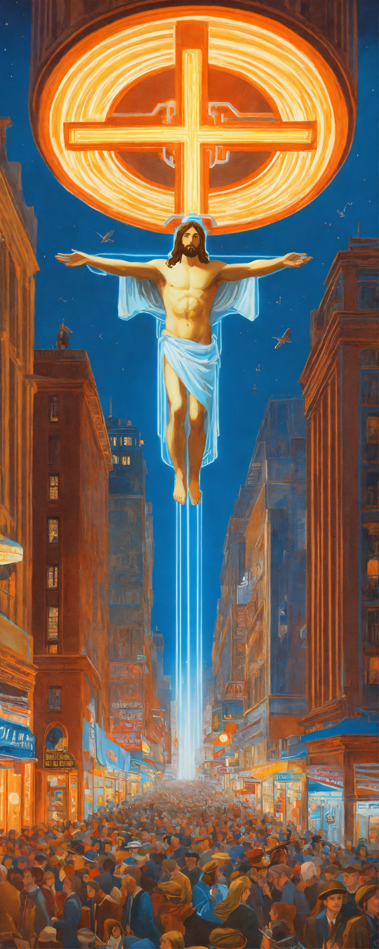 Lexica - Ultra-detailed illustration of "A huge flying iron-Jesus" in a ...