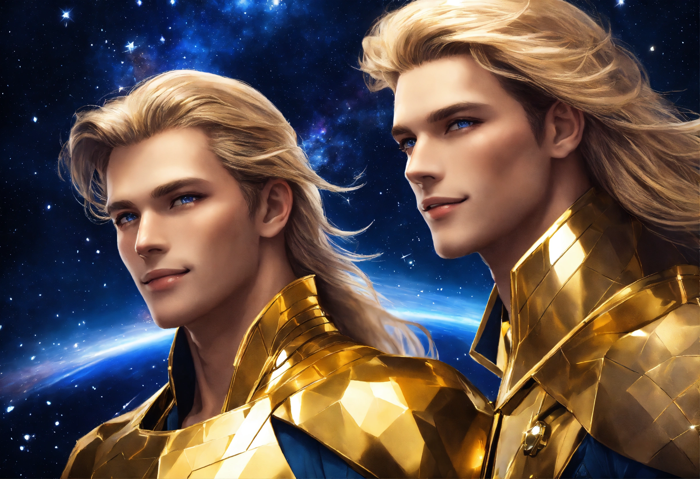 Lexica - Beautiful faces galactic men long blond hair, smiling, blue ...