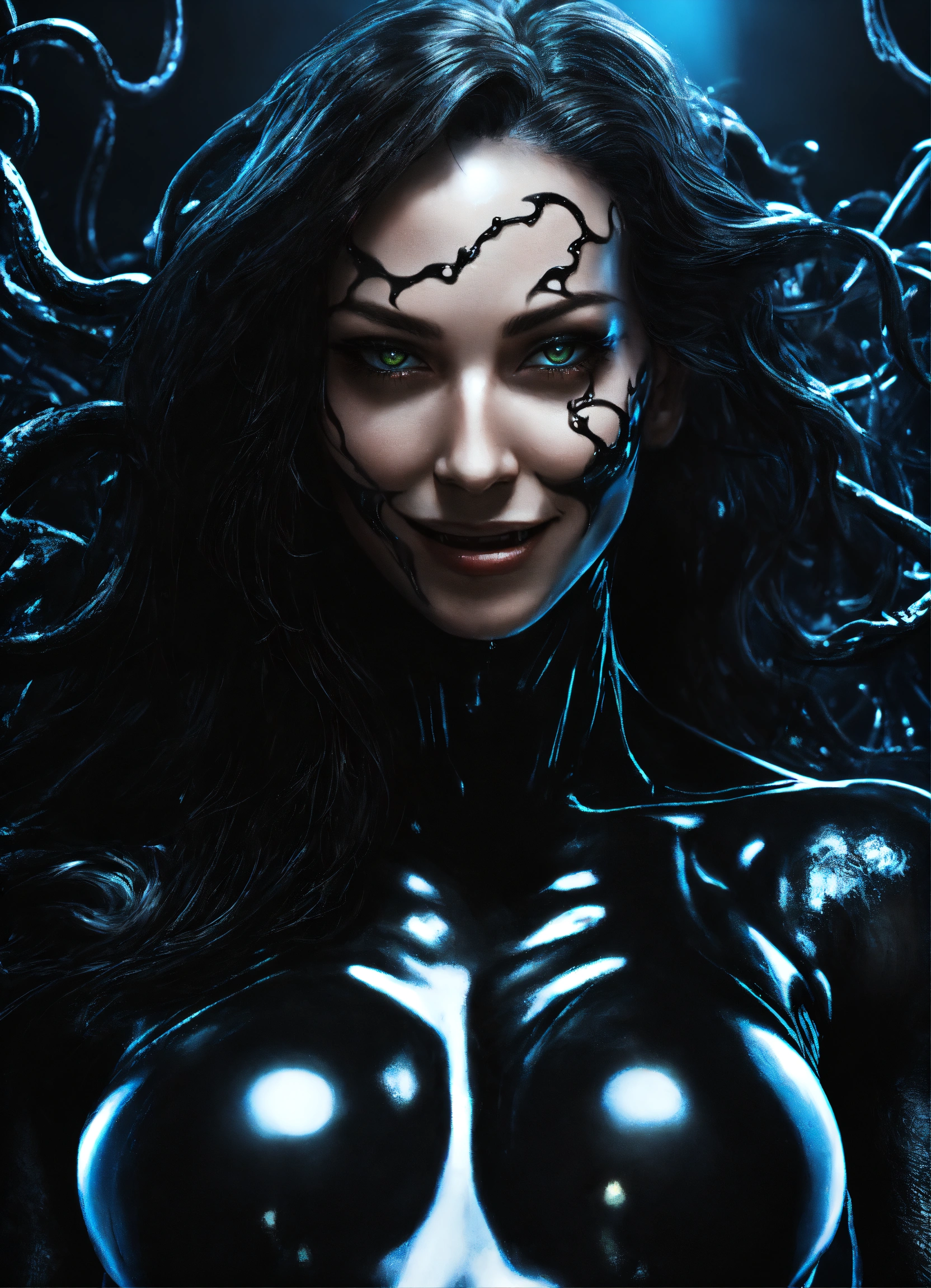 Lexica - An ultrarealistic full body photograph of woman venom symbiote, laying in dark black ...