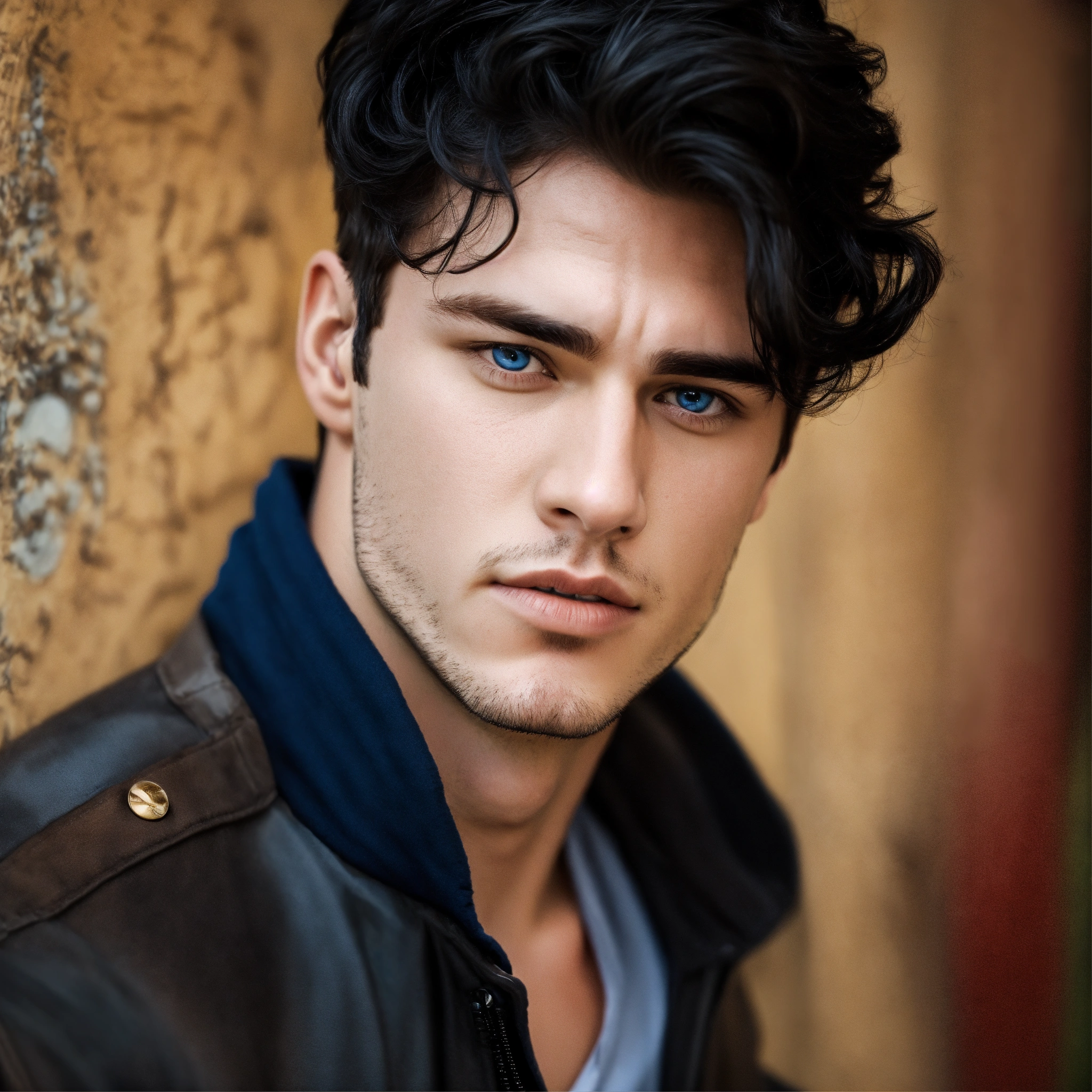 Lexica - Hot white boy face blue ayes black hair muscular face