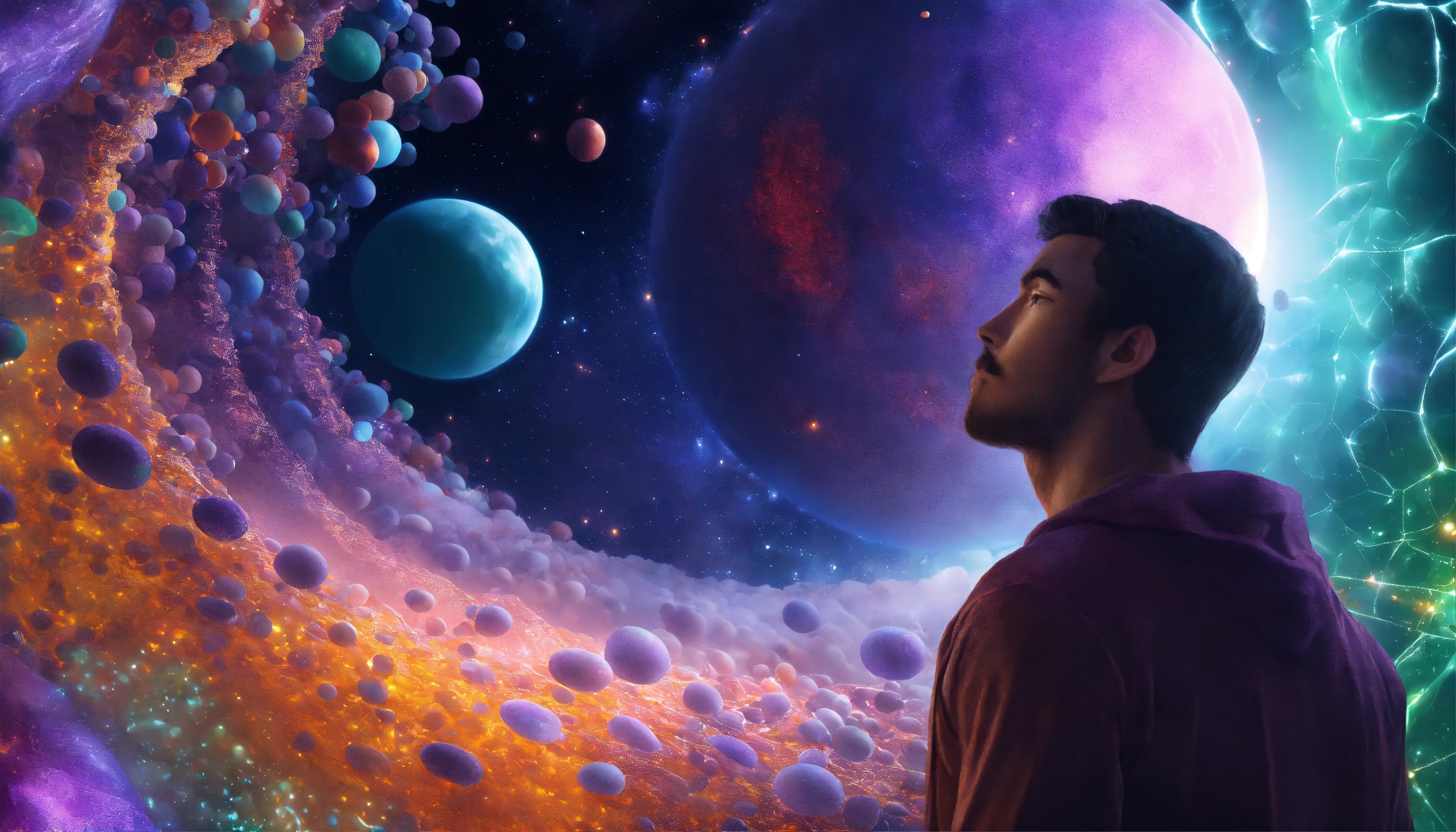 Lexica - Well built man looking up, dna strands floating in the ...