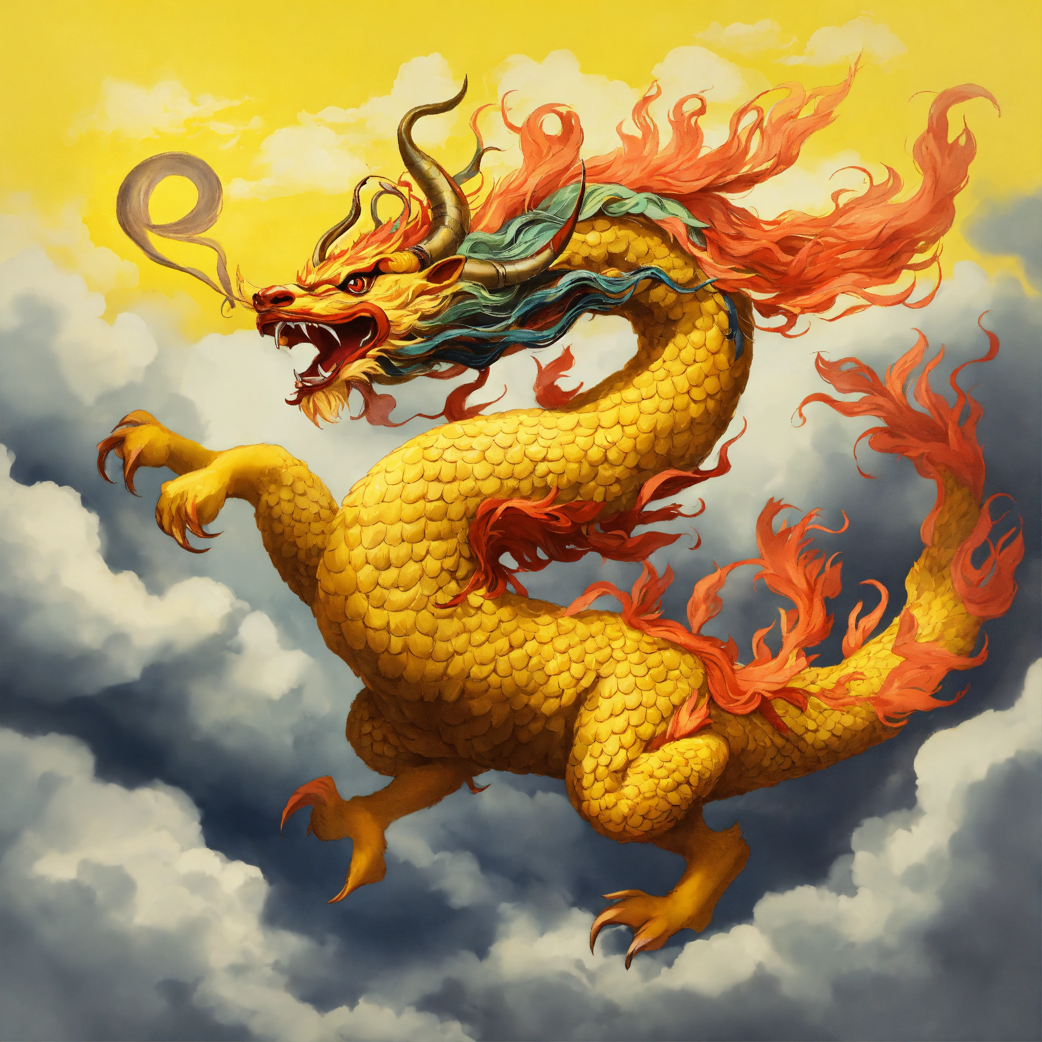 Lexica - Haetae, a korean mythical creature, above yellow cloud.