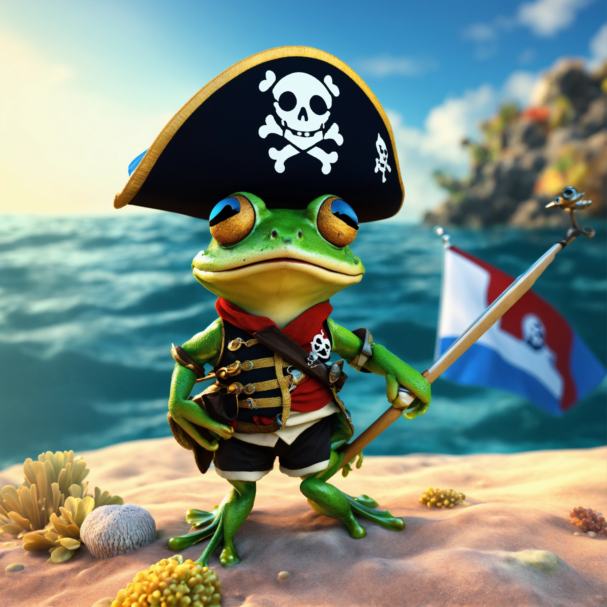 Lexica - Pirate frog, wearing a pirate hat, holding a pirate flag ...