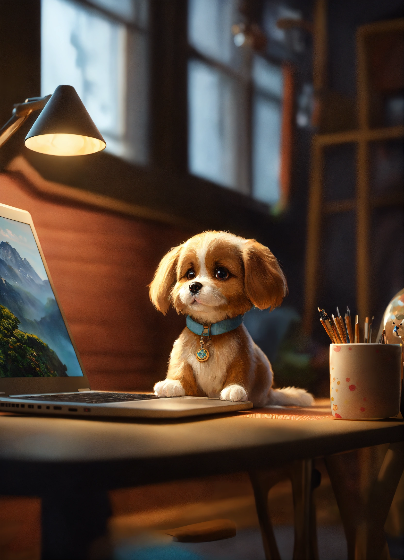 Lexica - Cute small humanoid dog sitting in front of laptop ,unreal ...
