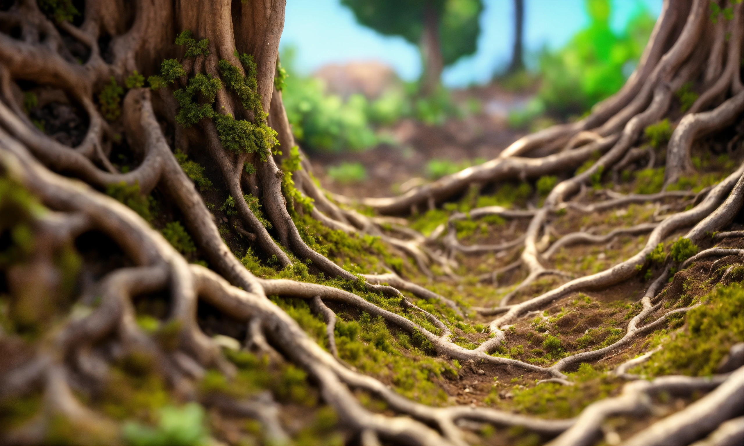 Lexica - Closeup of cut through section tree roots underneath the soil, dreamlike. In the style ...