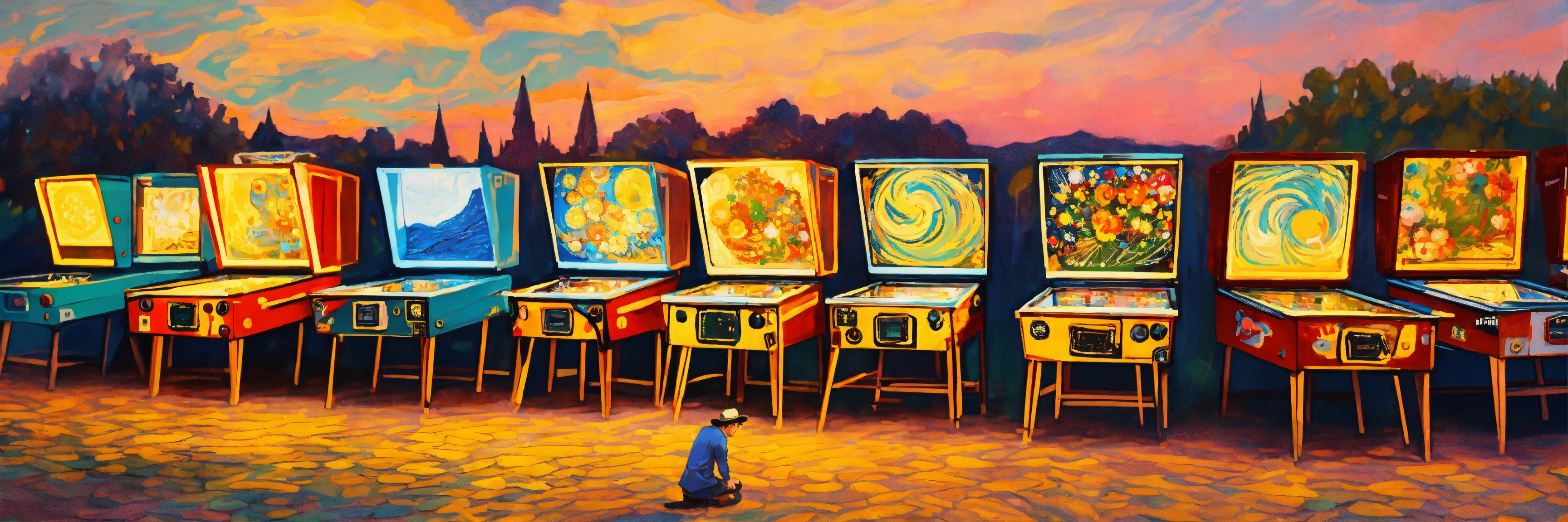 Lexica - Man playing pinball machine outside, van gogh style and pastel ...