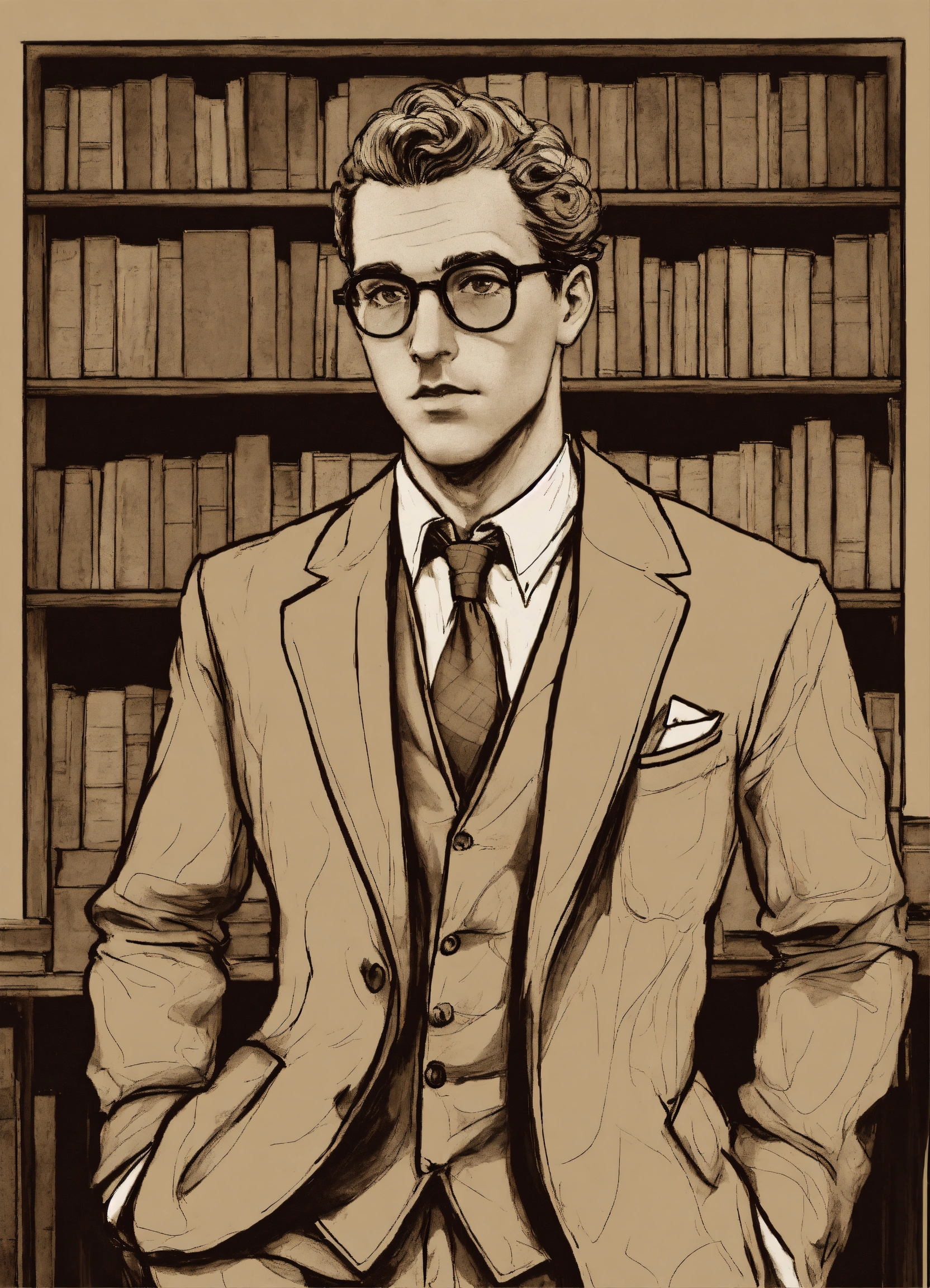 Lexica - Gatsby era 1920s nervous male library professor curly hair big ...