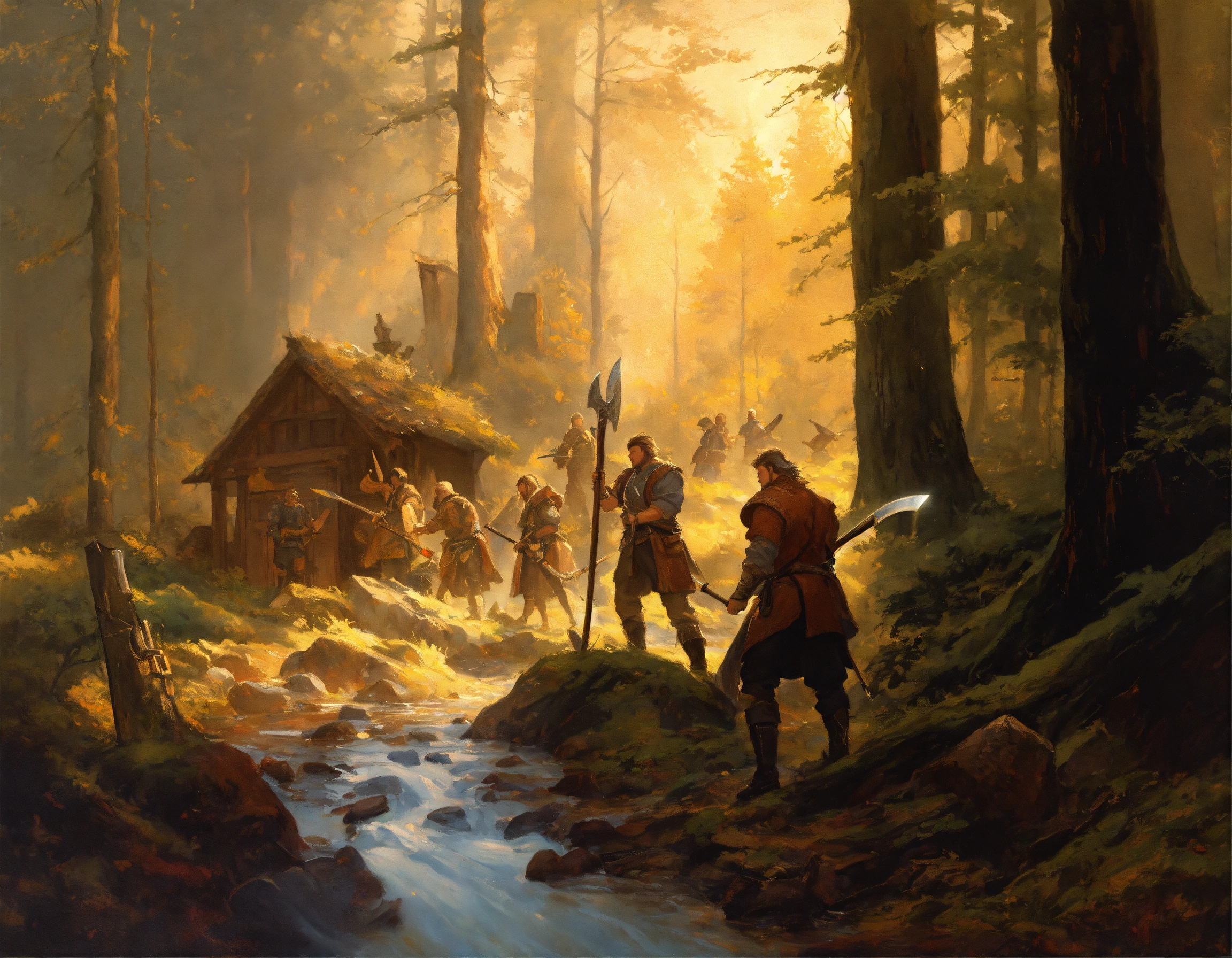 Lexica - A painting of a man sharpening an axe in forest, concept art ...
