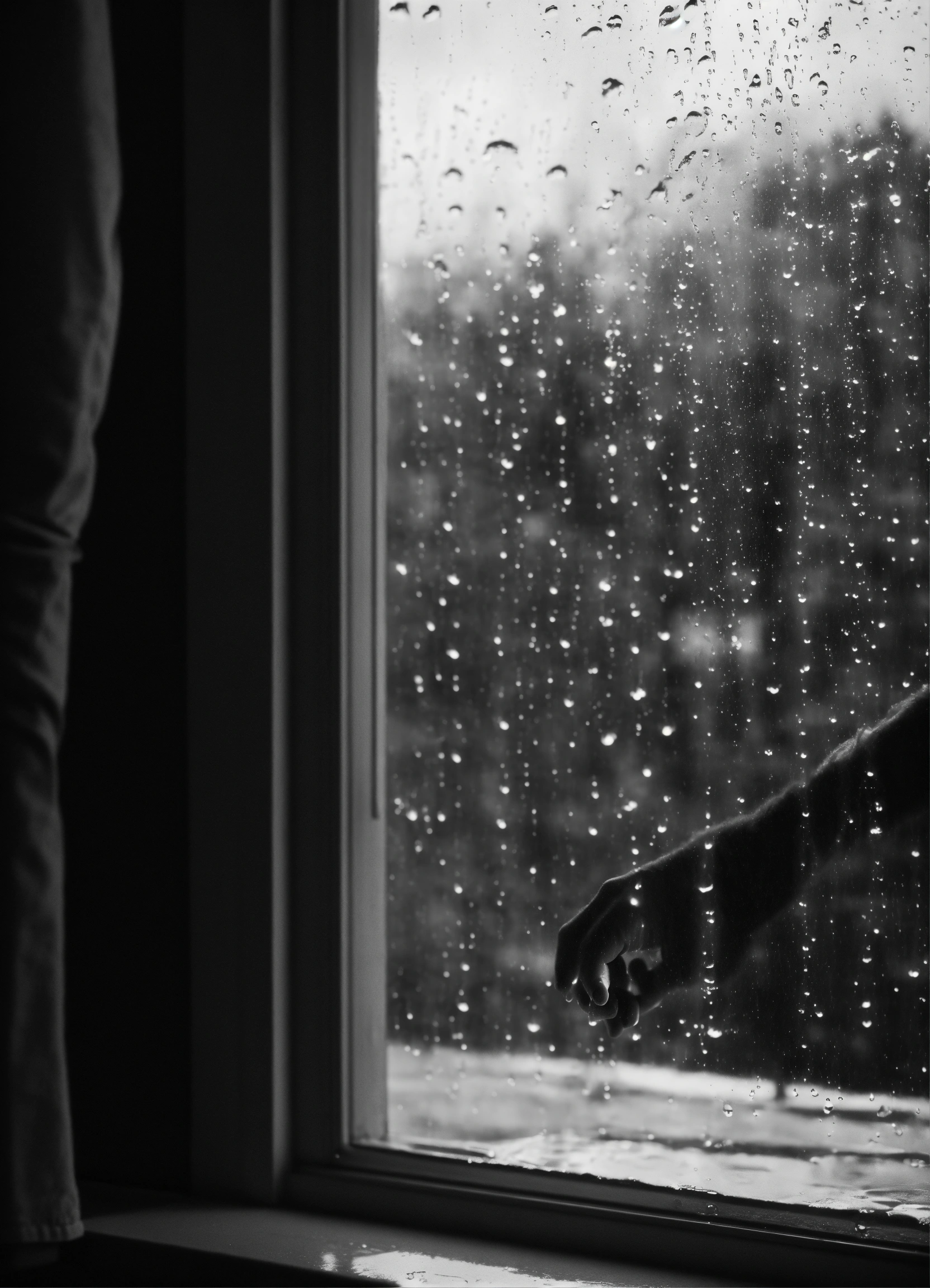 Lexica - Behind a window fogged by rain a hand is palced against the ...