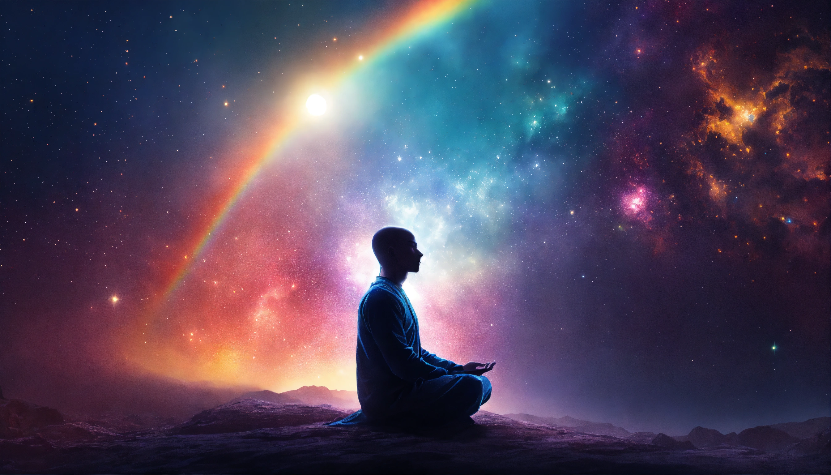 Lexica - Cosmic darkness, person meditating in darkness with a light ...