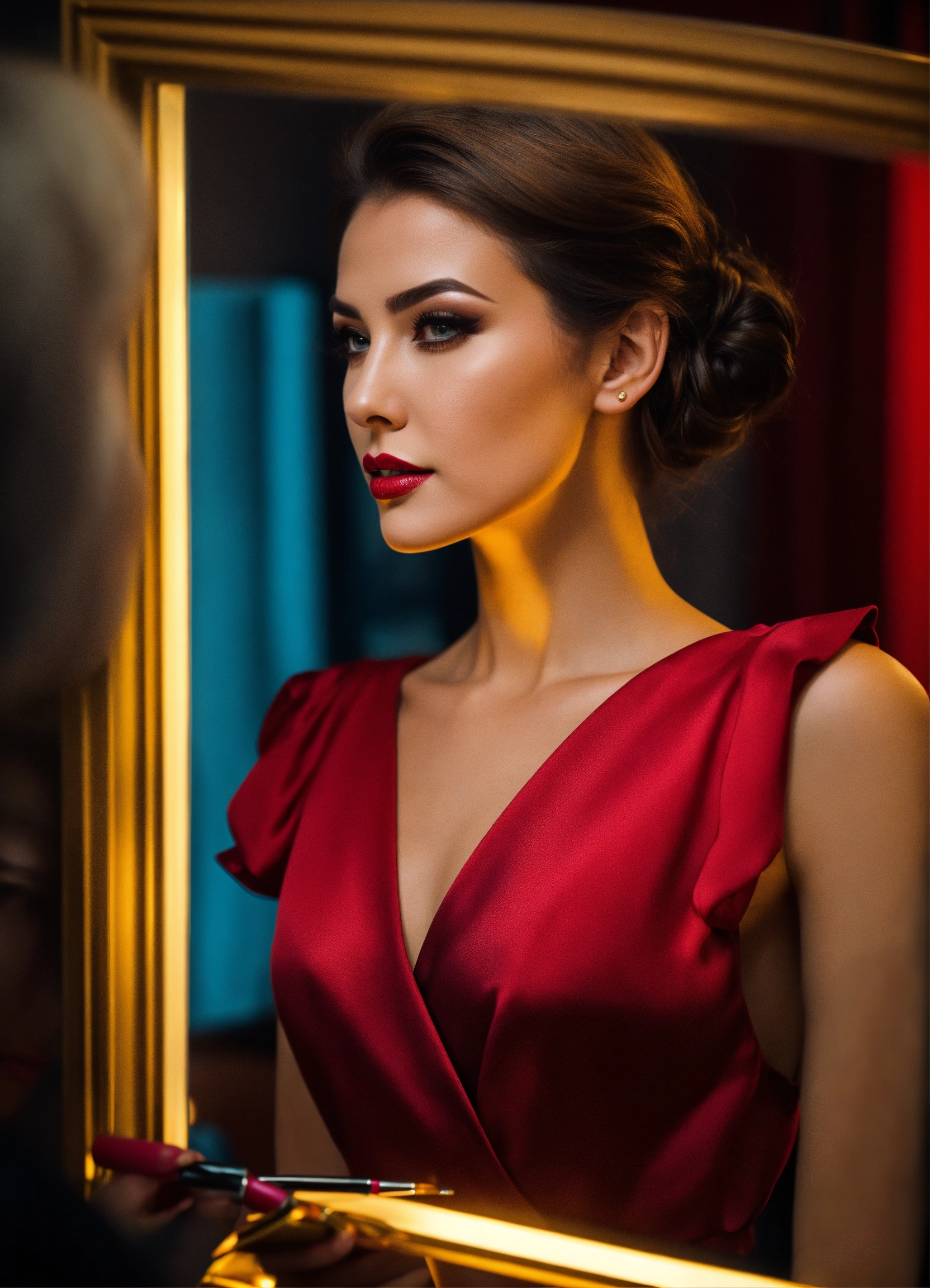 Lexica - Modern beautiful woman, ready for a date, putting make up on ...