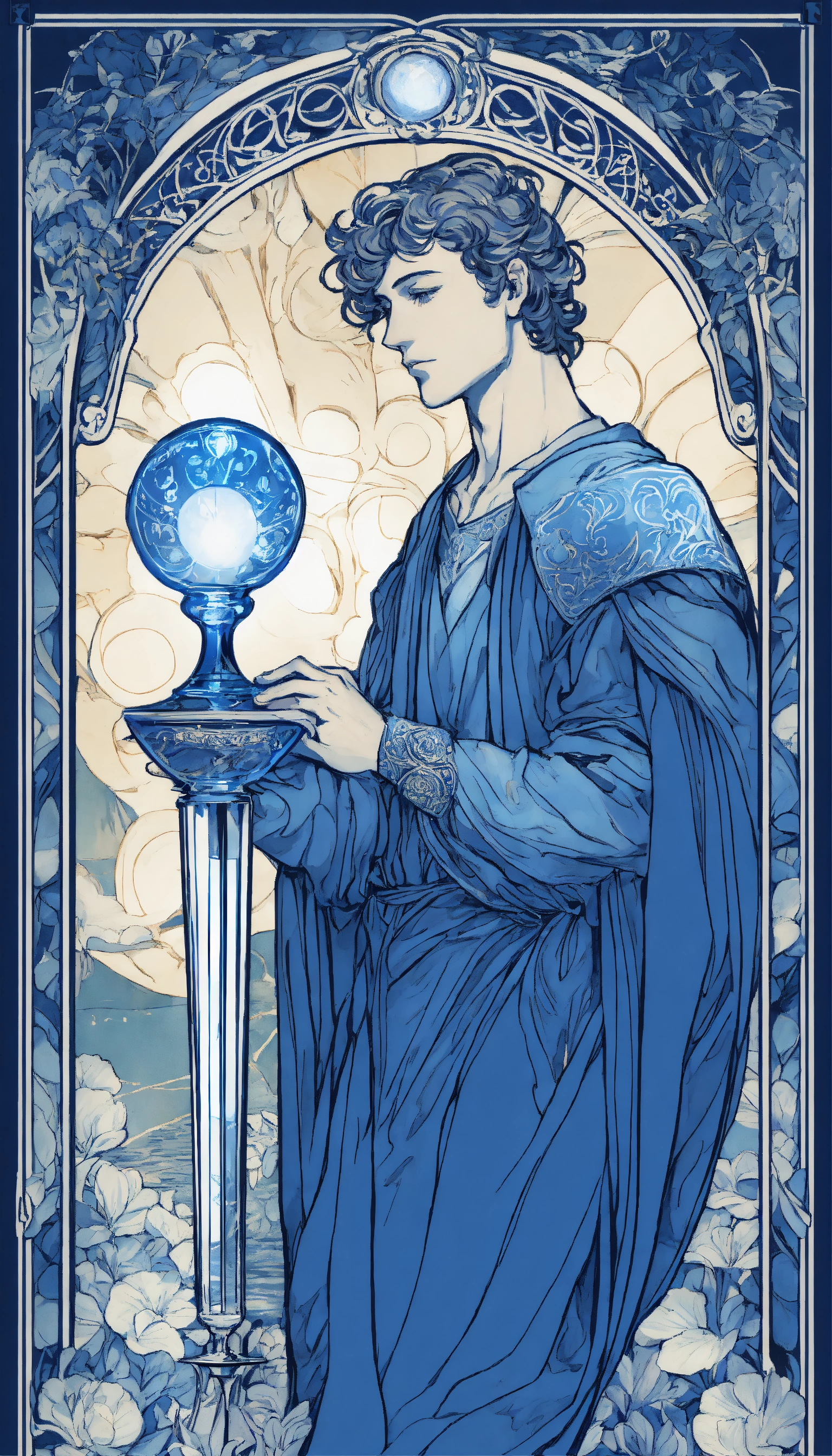 Lexica - Art Nouveau tarot blue and white glowing male page holding a ...
