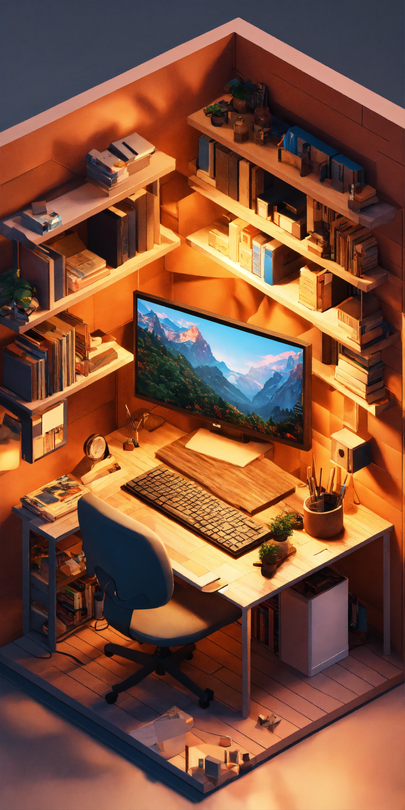 Lexica - Cube cutout of an isometric programmer bedroom with a PC ...