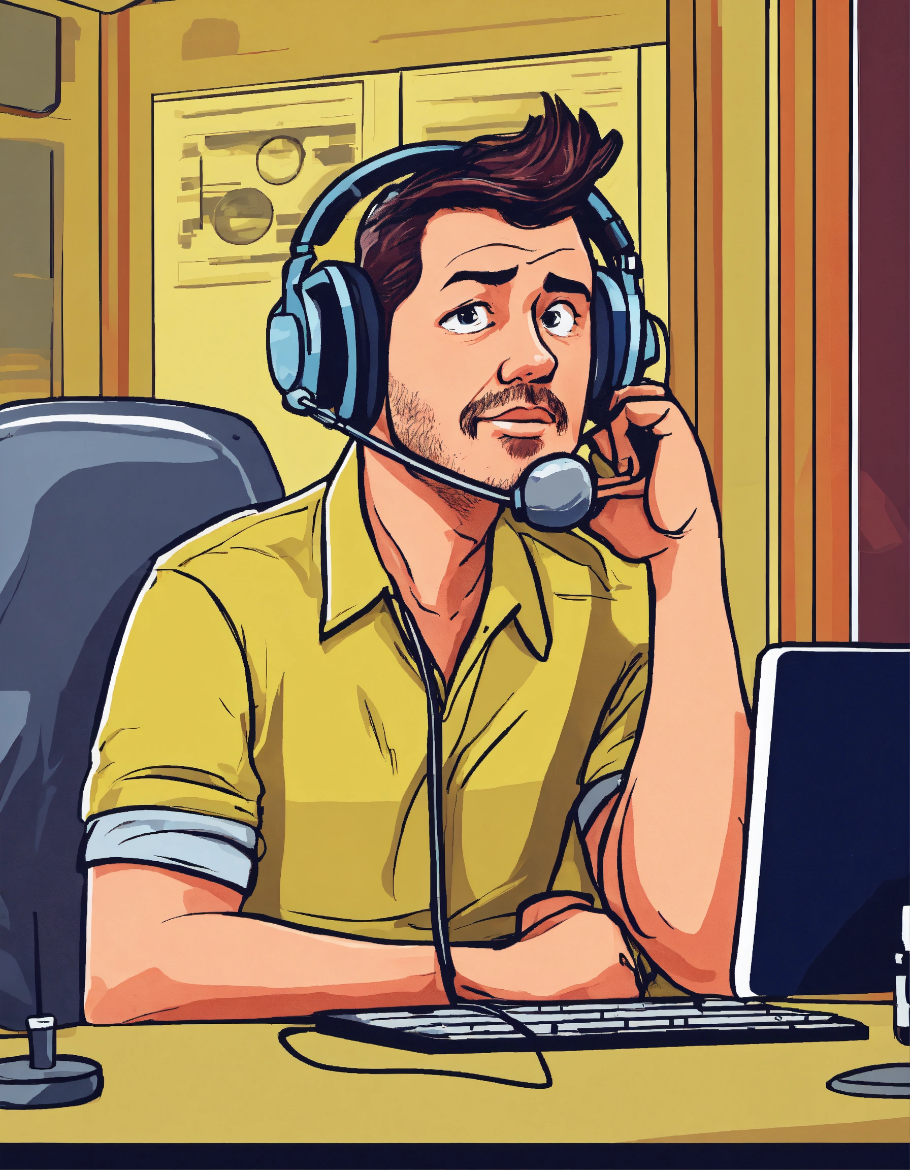 Lexica - A really bored radio host in the studio, cartoon style