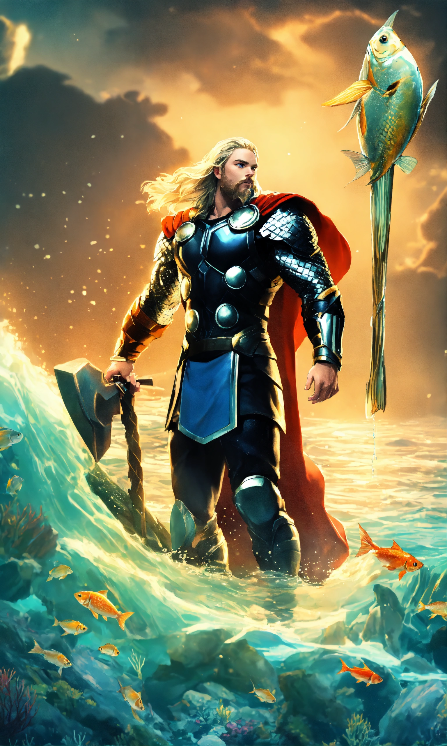Lexica - Thor with fish underwater in the ocean, nature background, 2D ...