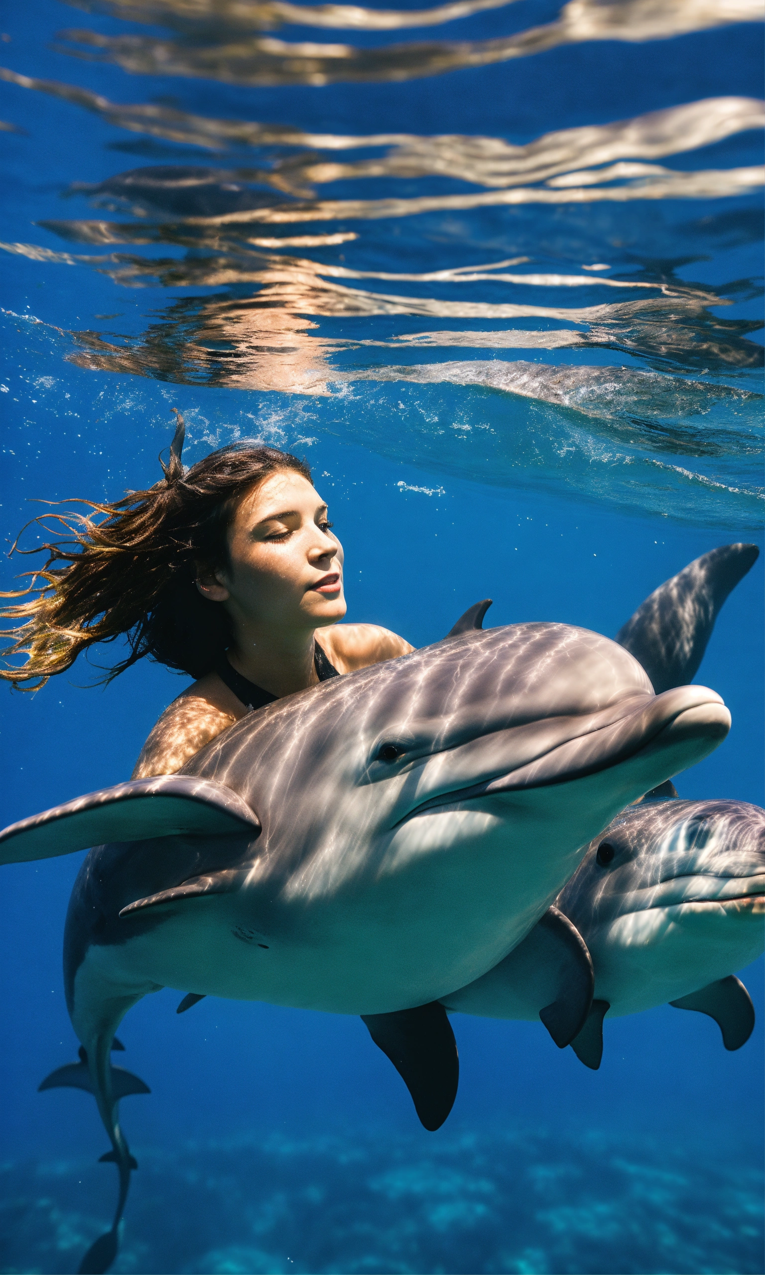 Lexica - A photographic image of a lady swimming with dolphins in the sea.
