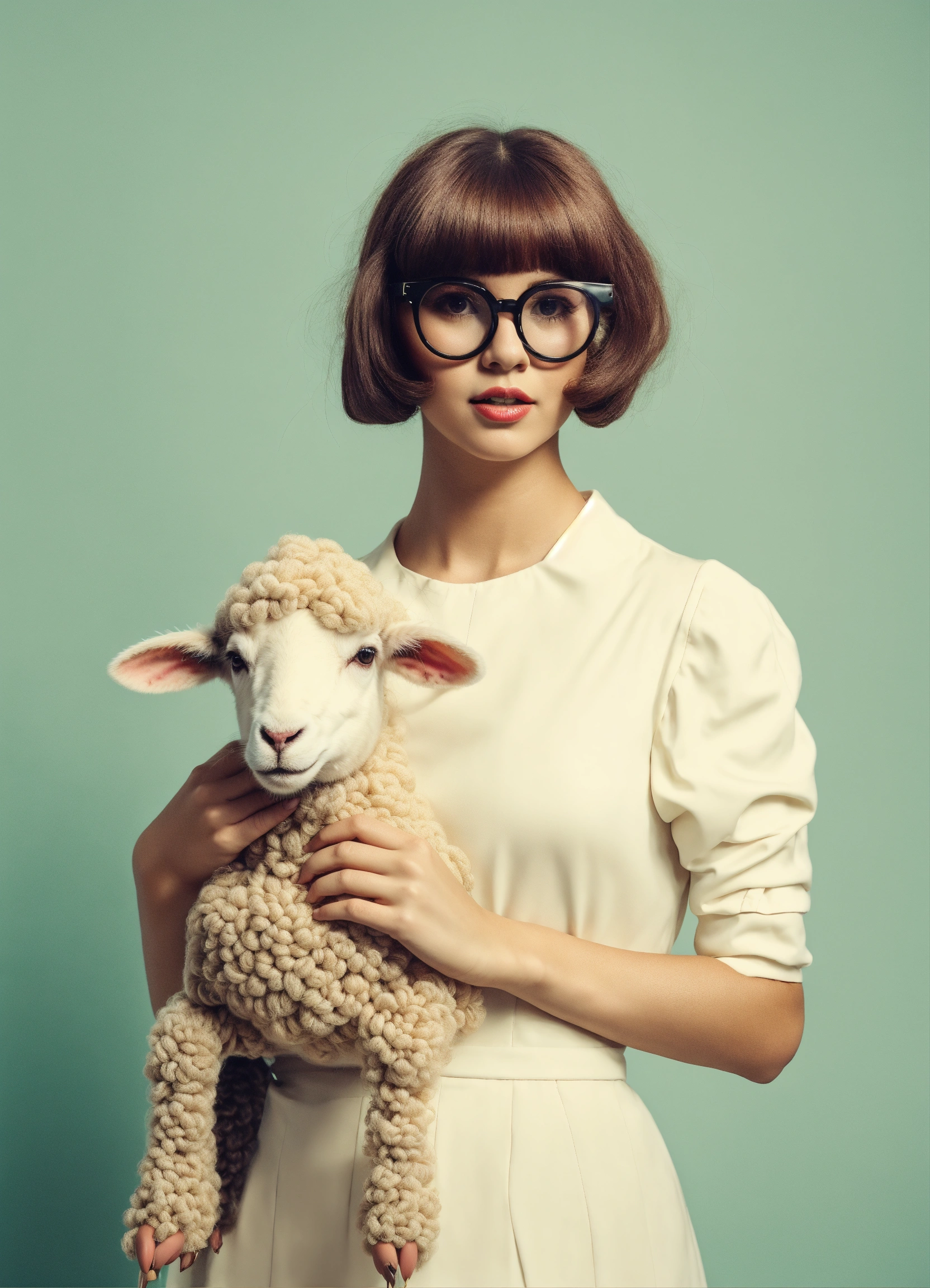 Lexica - Women with sheep's head and big glasses in white room retro ...