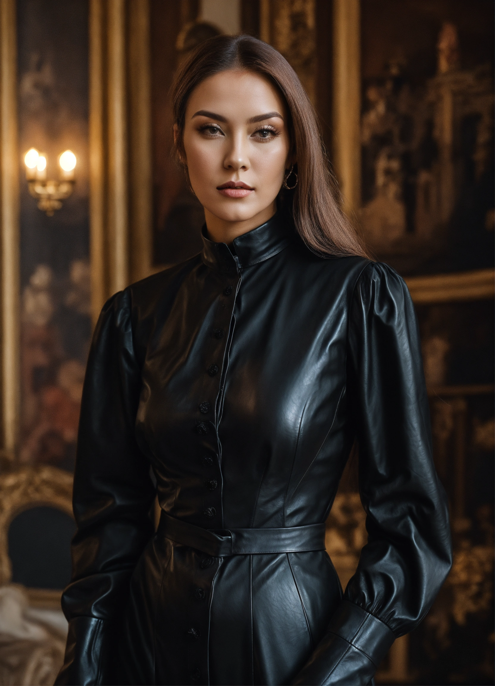 Lexica - Stunning governess woman wearing a black leather long shirt ...