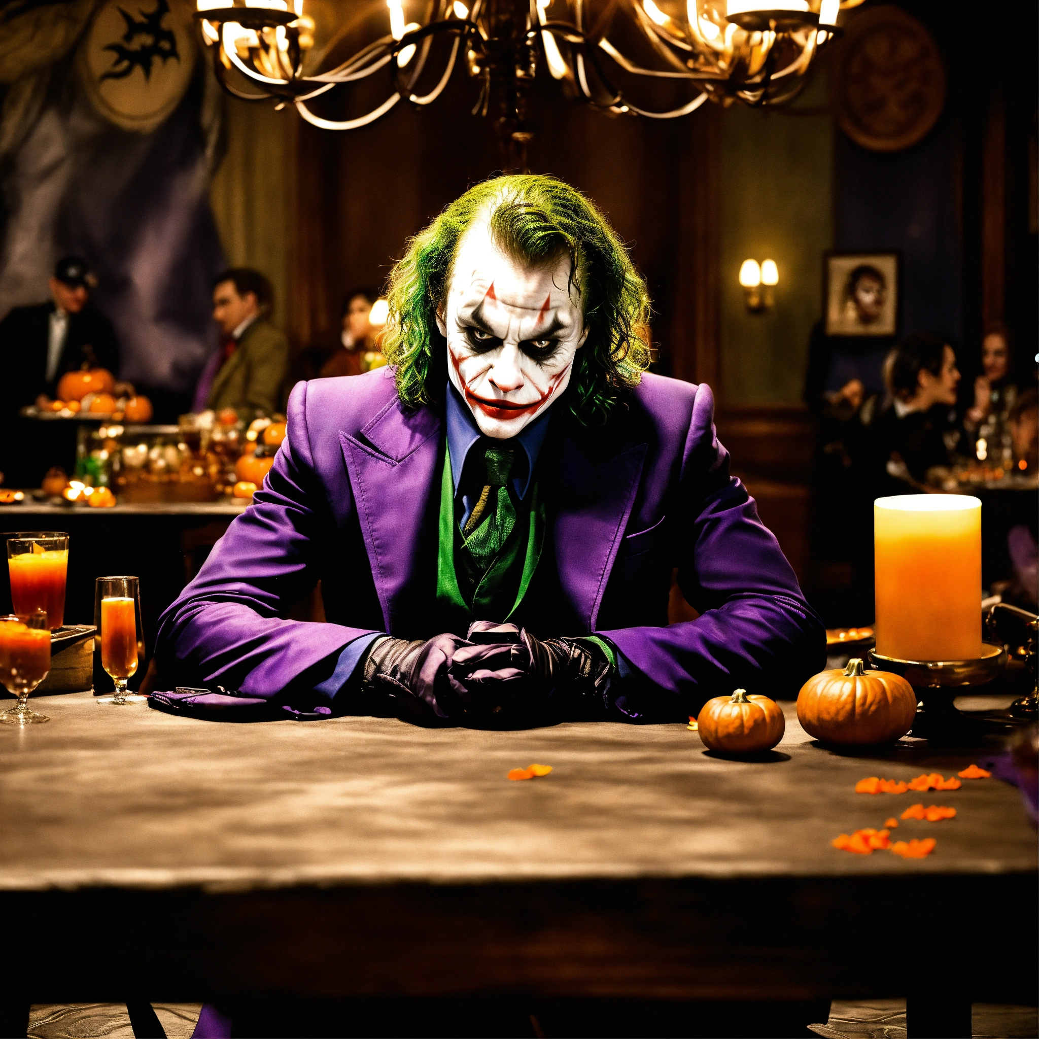 Lexica - Realistic picture with Heath Ledger's Joker sitting at a table ...