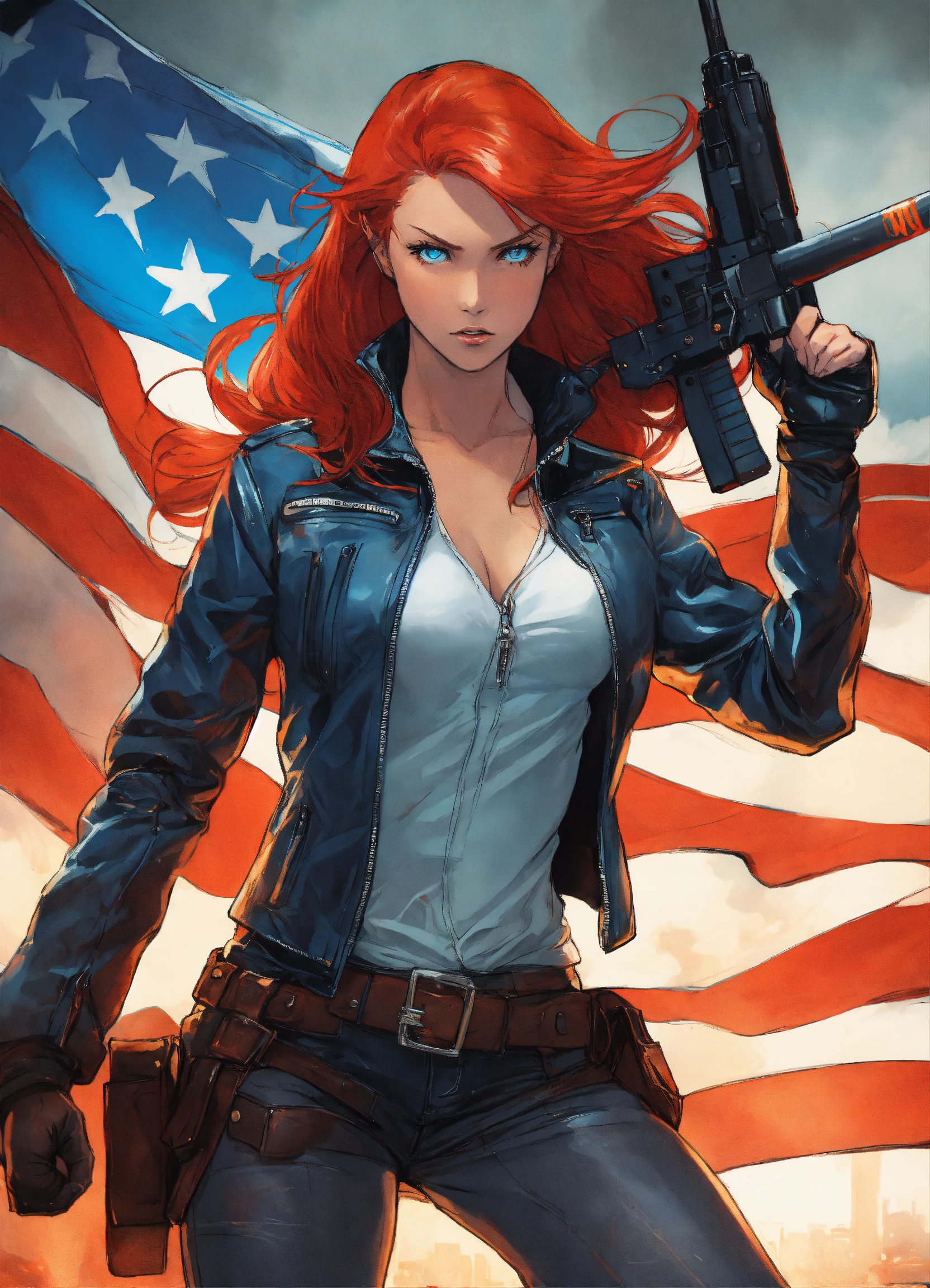 Lexica - Red-haired female vigilante, combat stance, sporting a leather ...