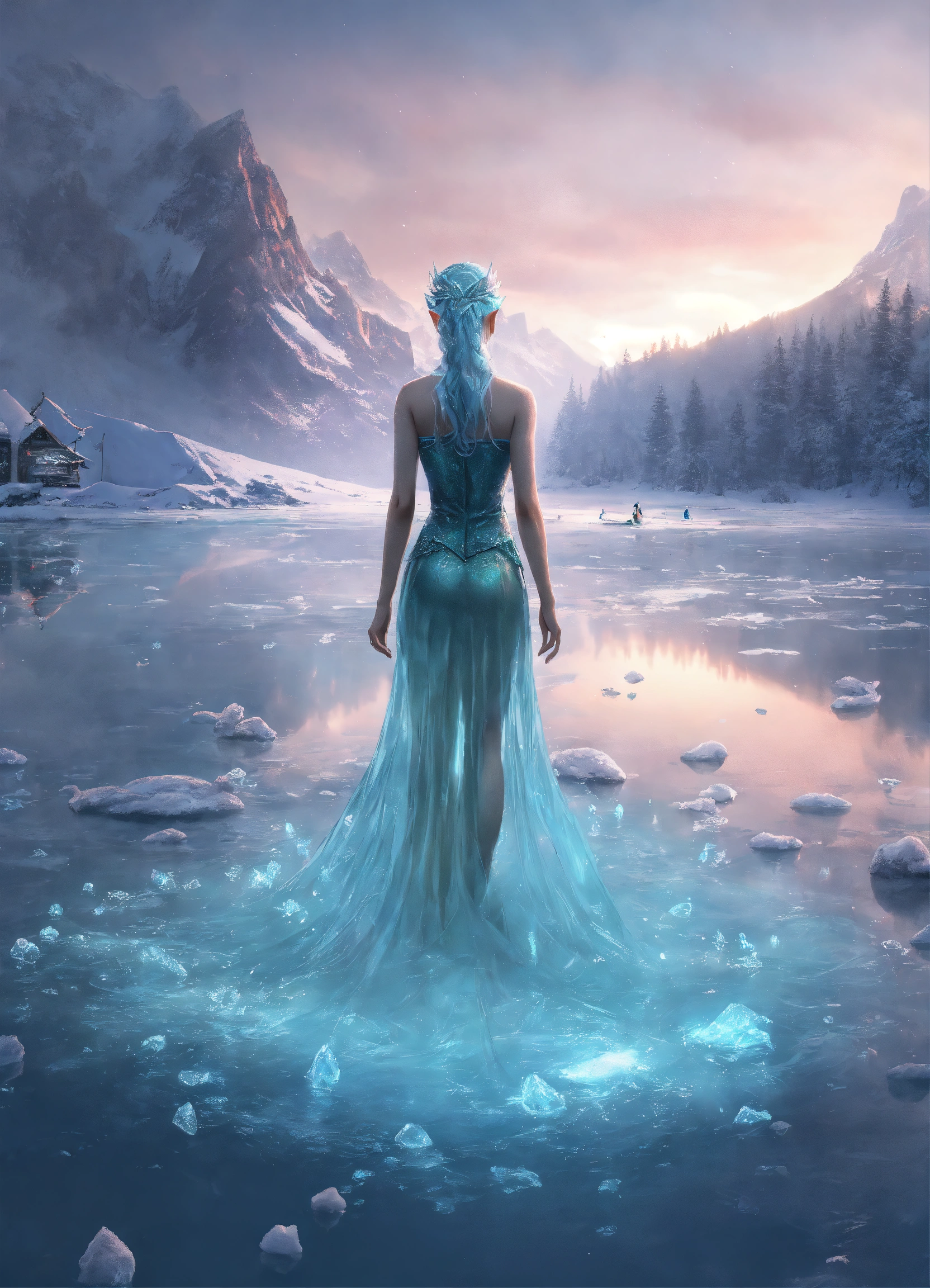 Lexica - Elf frozen in ice in the middle of a lake, digital art, cocytus