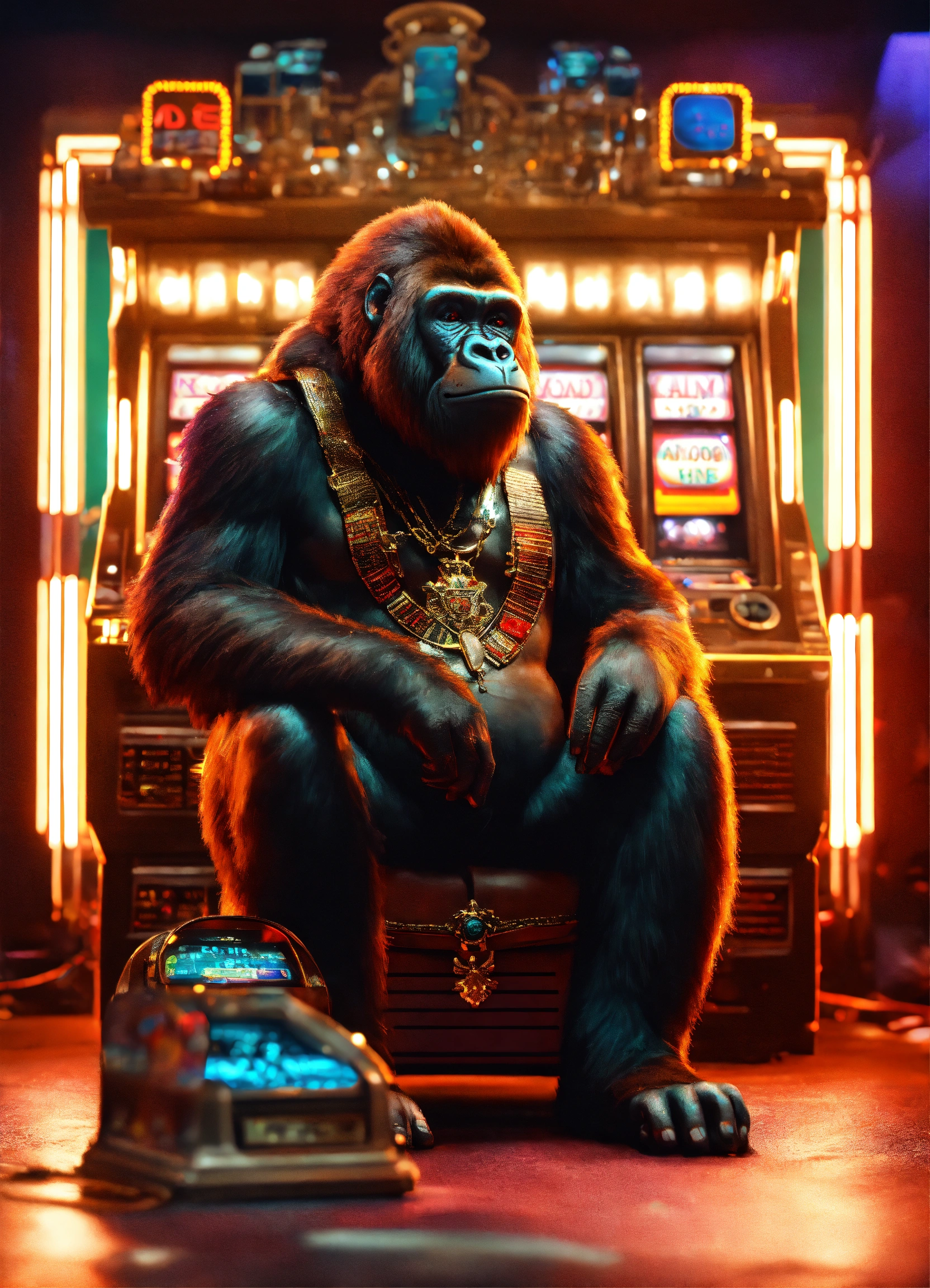 Lexica - 3D realistic CUTE BROWN WEAR NECHLACE AND KING CROWN GORILLA FUTURISTIC WITH SLOT ...