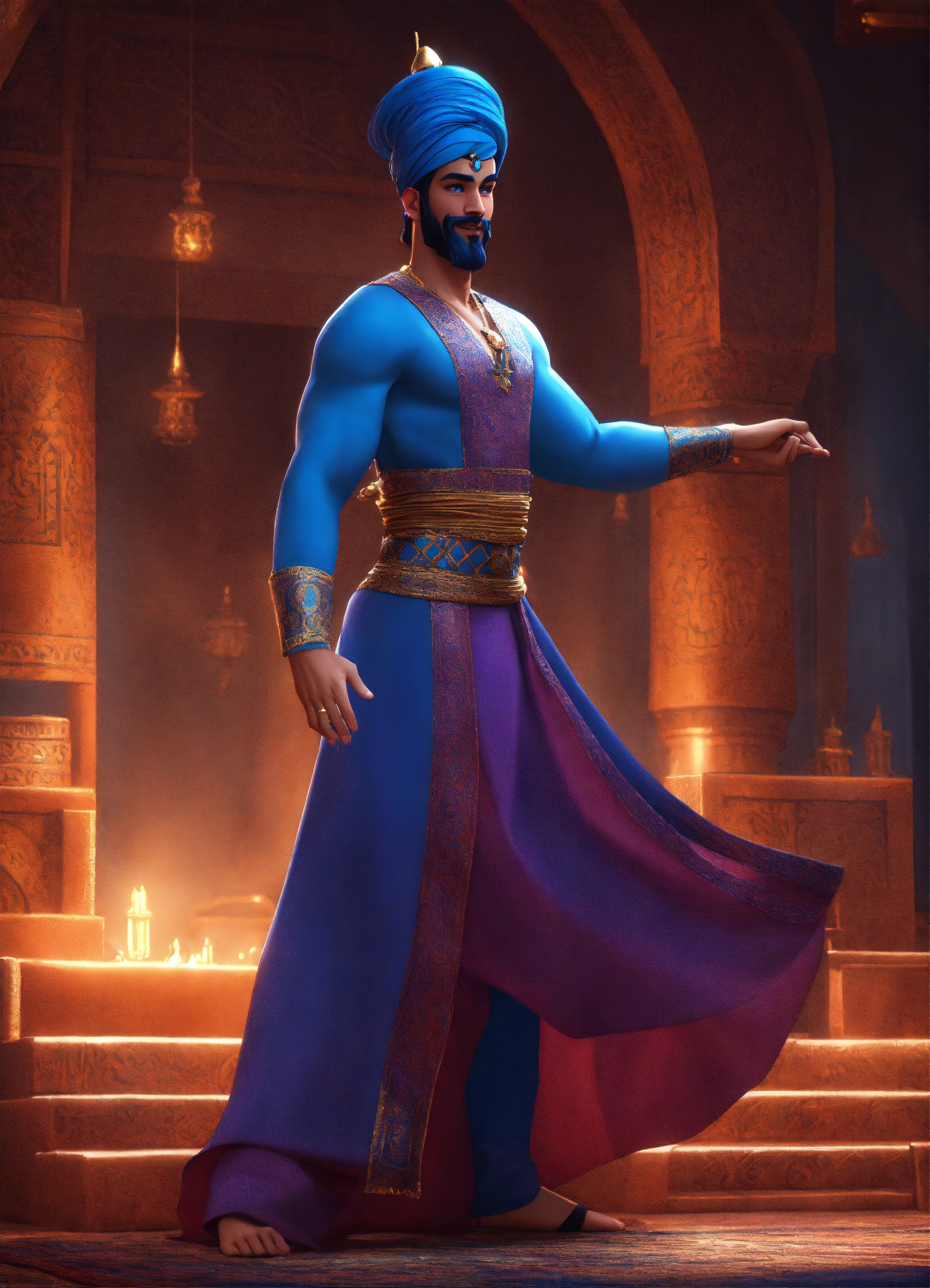 Lexica - Create a 3D rendering of a magical blue Arabian male genie ...