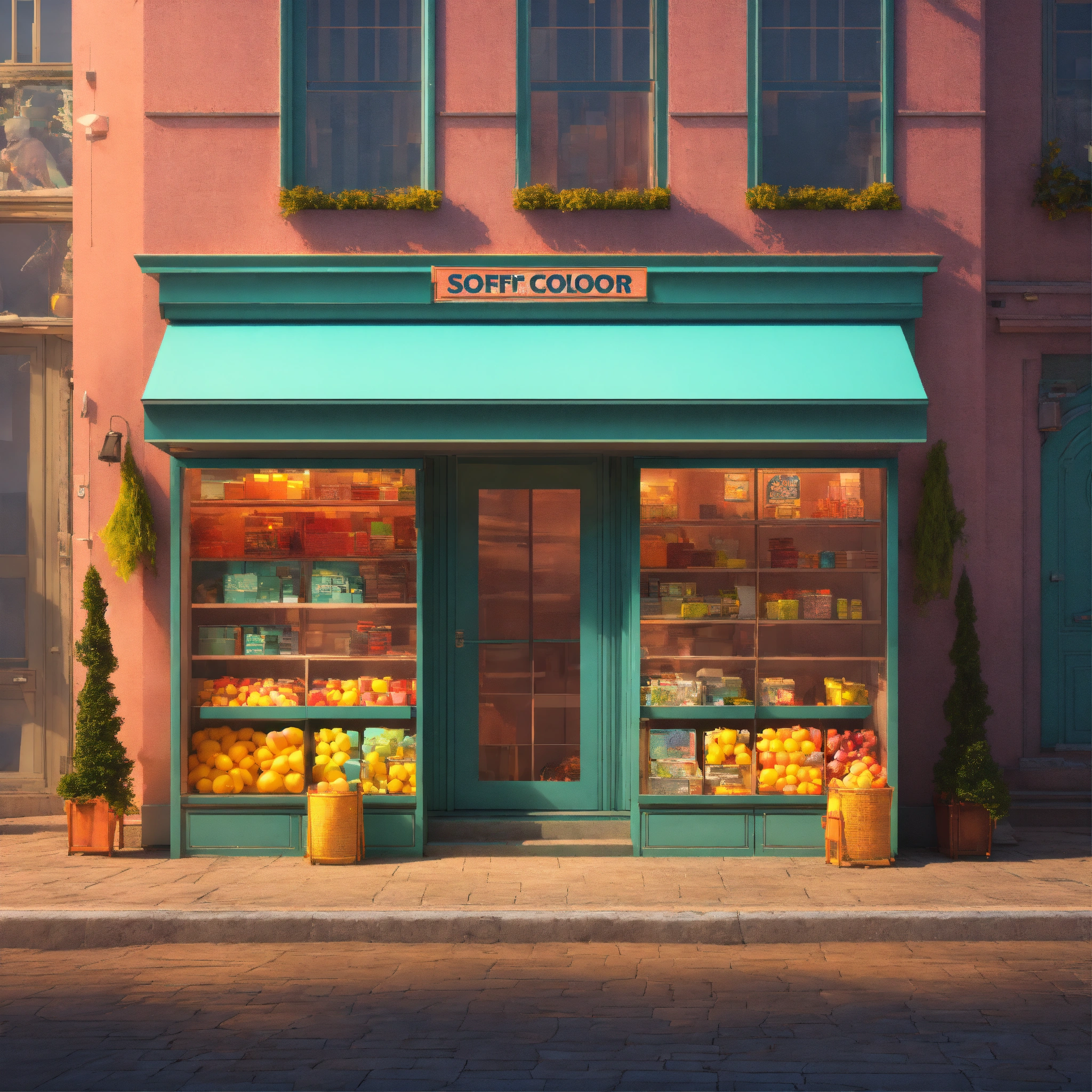 Lexica - Store outside , 3D render, " sorf color" , lighting ...