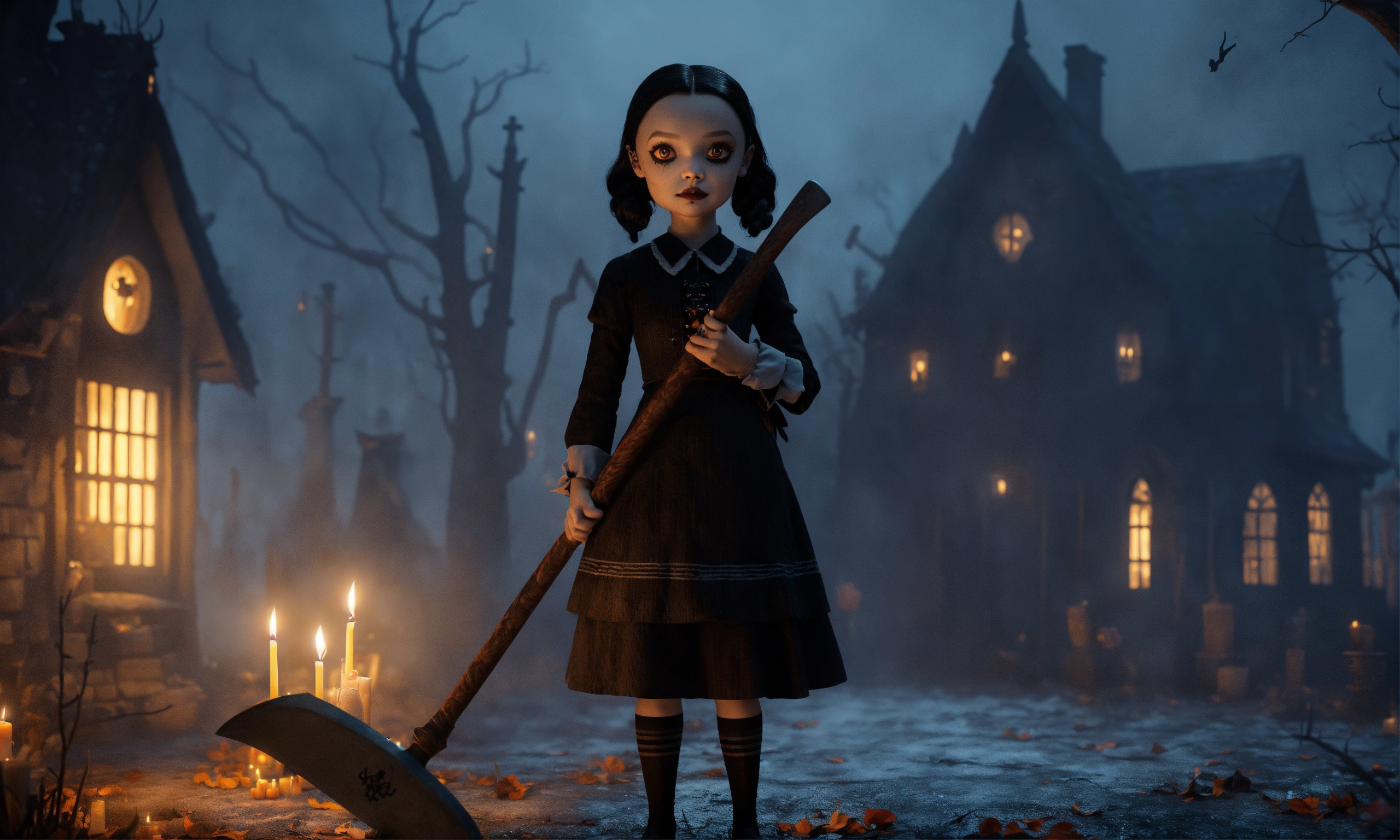 Lexica - A very scary Wednesday Addams holding a large axe, Halloween ...