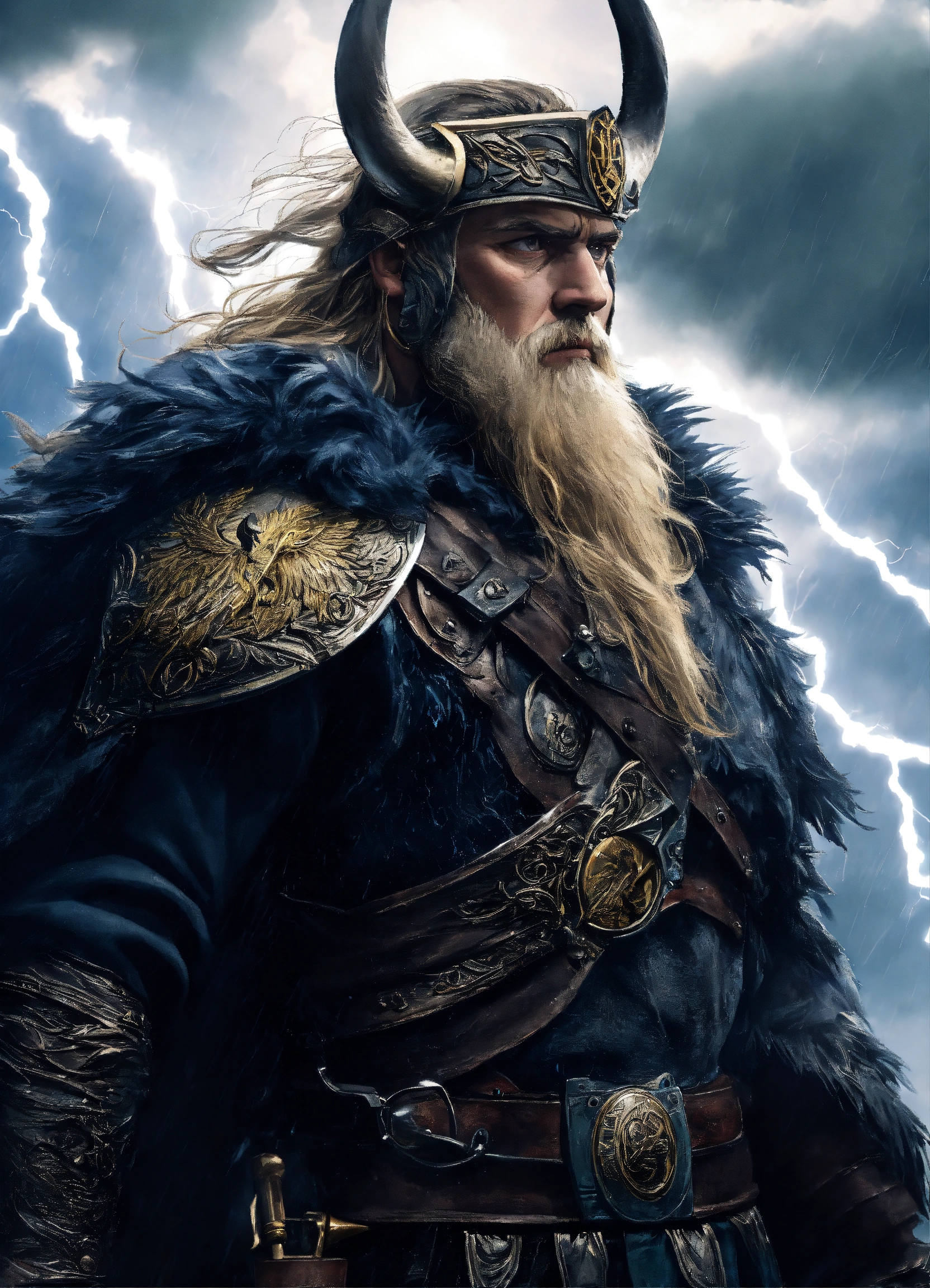 Lexica - Odin, axes, ravens in background, dramatic, lightning, warrior ...