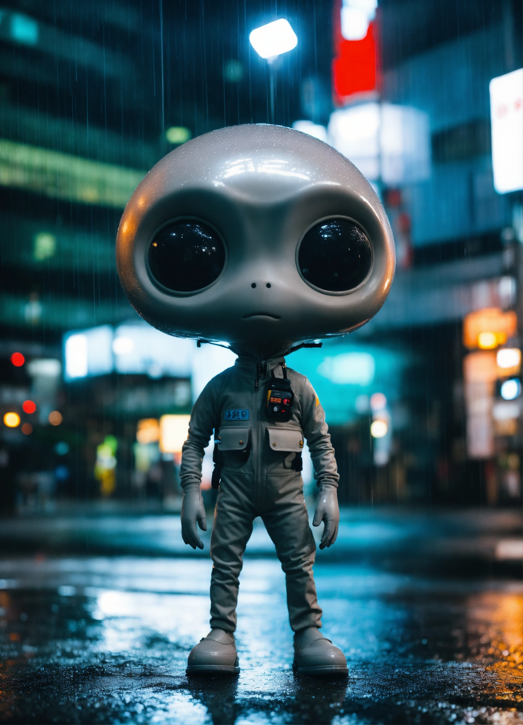 Lexica - Very cute, realistic grey alien standing in the street of ...