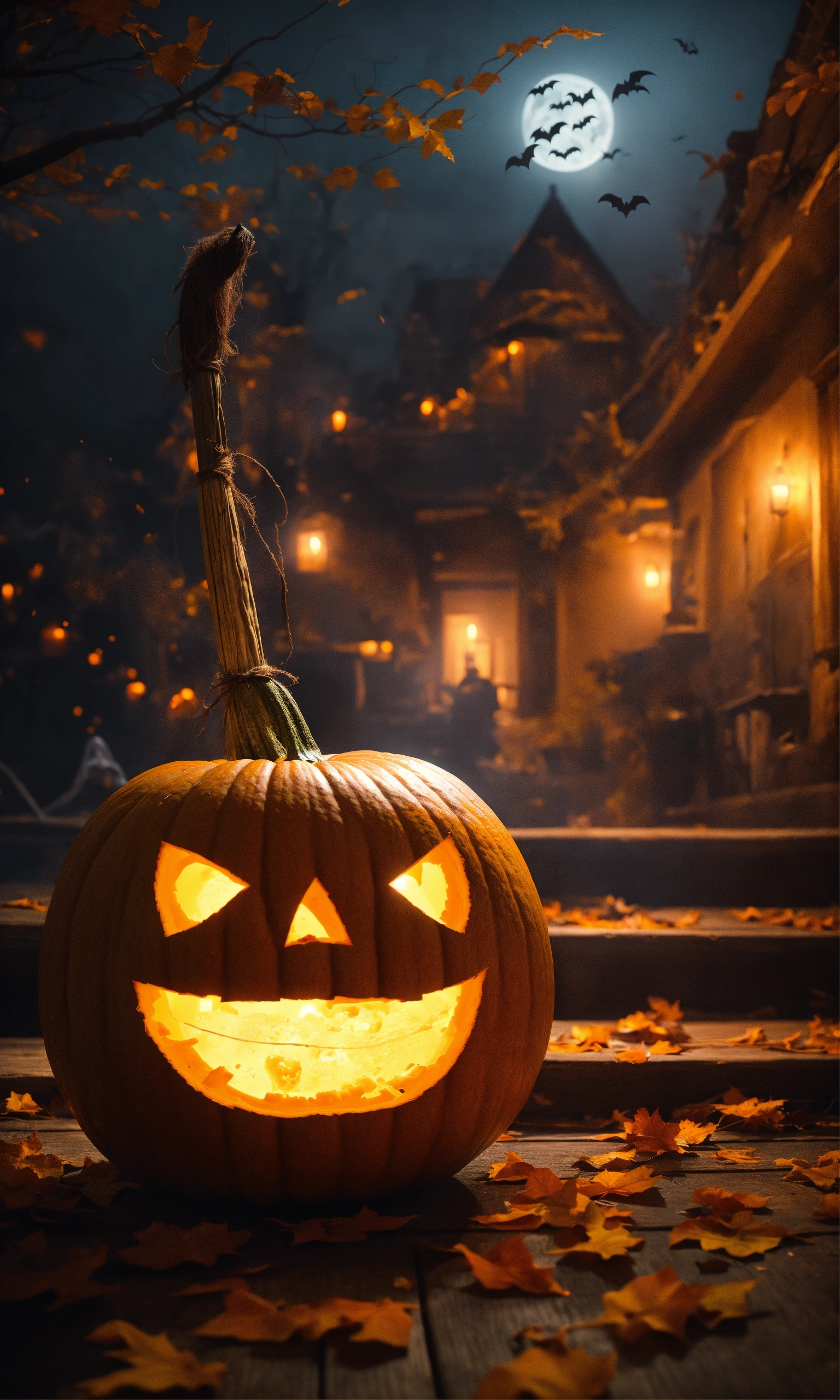 Lexica - A mysterious Halloween party with a pumpkin, flying broomstick ...