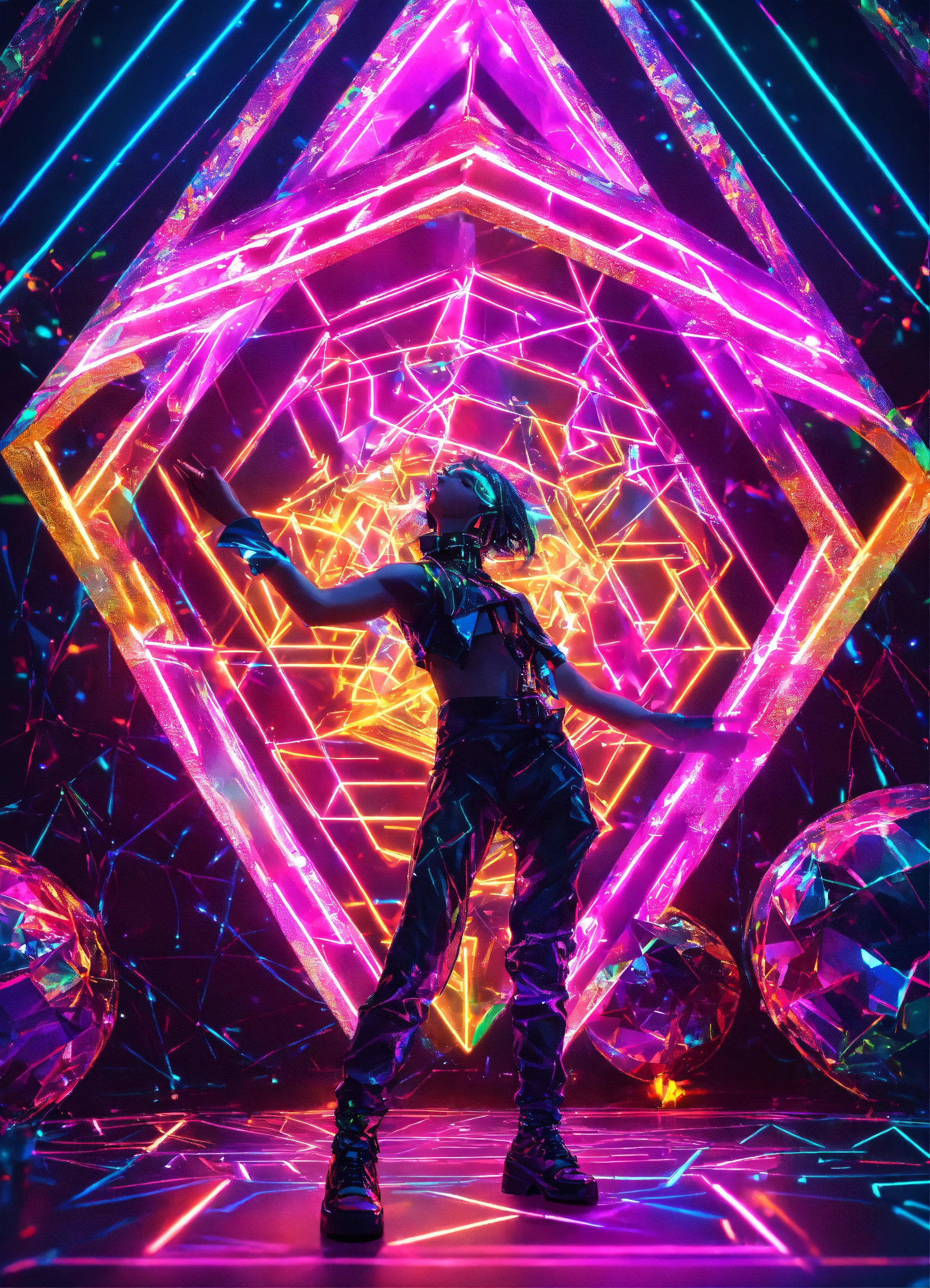 Lexica - Cyber Raver dancing in diamond and shimmer black neon light ...