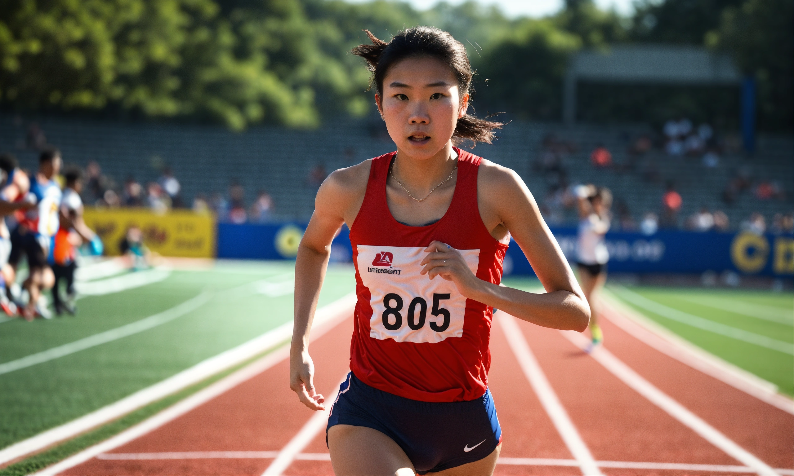 Lexica - Mid-day track field, full establishing shot, stadium finish ...